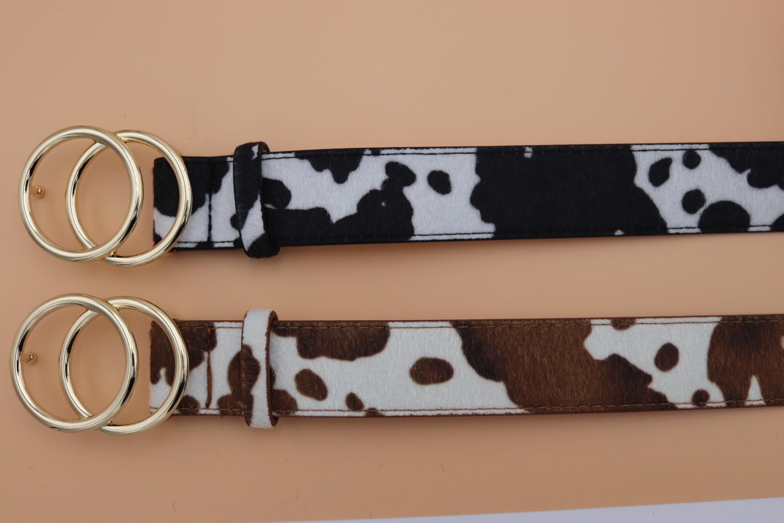 Kathaya Cow Print Leather Belt for Women Double O-Ring Women’s Waist Belt Adjustable Animal Print Belt (Medium, White Brown)