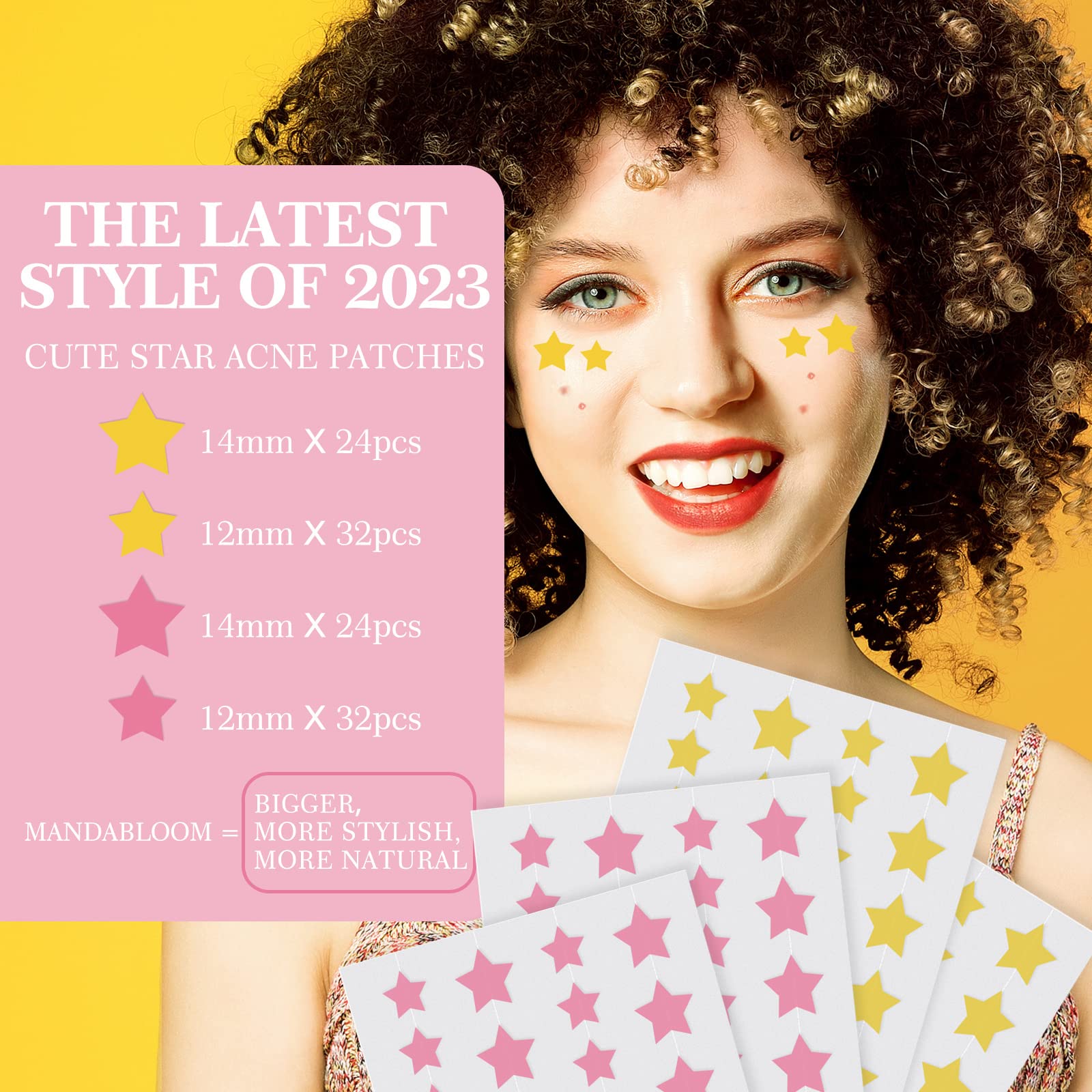 Mandabloom Acne Patches Pimple Patches, Pink & Yellow Star Shaped Absorbing Cover Patch, Hydrocolloid For Face Zit Patch Dots, Add Tea Tree Oil, 112 14mm 12mm