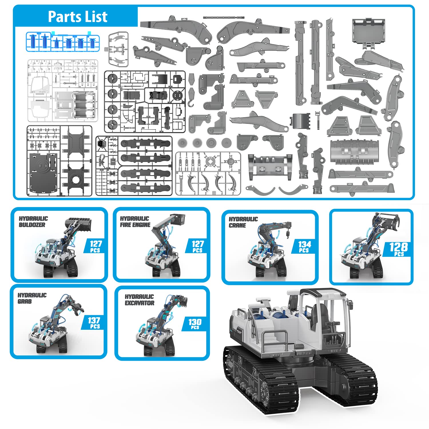 Mostop STEM Building Hydraulic Excavator Toy for Kids, 6 in 1 Hydraulic Robot Arm Construction Truck with Bulldozer,Crane,Wood Loader,Grabber,Fire Engine Set,Science Projects Engineering Vehicle