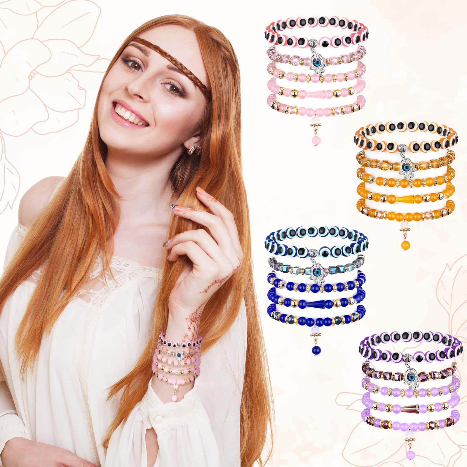 Kingdder 4 Sets Evil Eye Bracelet Multilayer Evil Eye Hamsa Hand Bracelet Lucky Evil Eye Bracelet Stackable Stretch Beads Bracelets Multicolor Crystal Beaded Lucky Protection Strand Bracelet Set