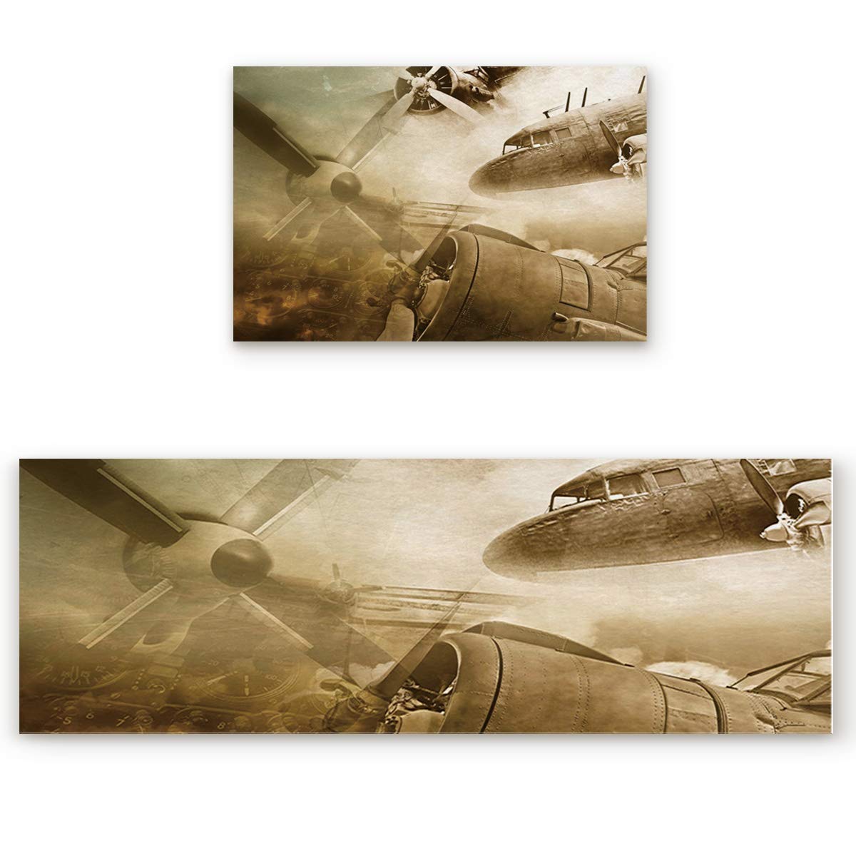 Kitchen Mat Set of 2, Vintage Airplane Background Kitchen Rugs and Mats Non-Slip Floor Mat Durable Washable Runner Doormat for Kitchen Office Laundry 23.6'' x 35.4'' + 23.6'' x 70.9''