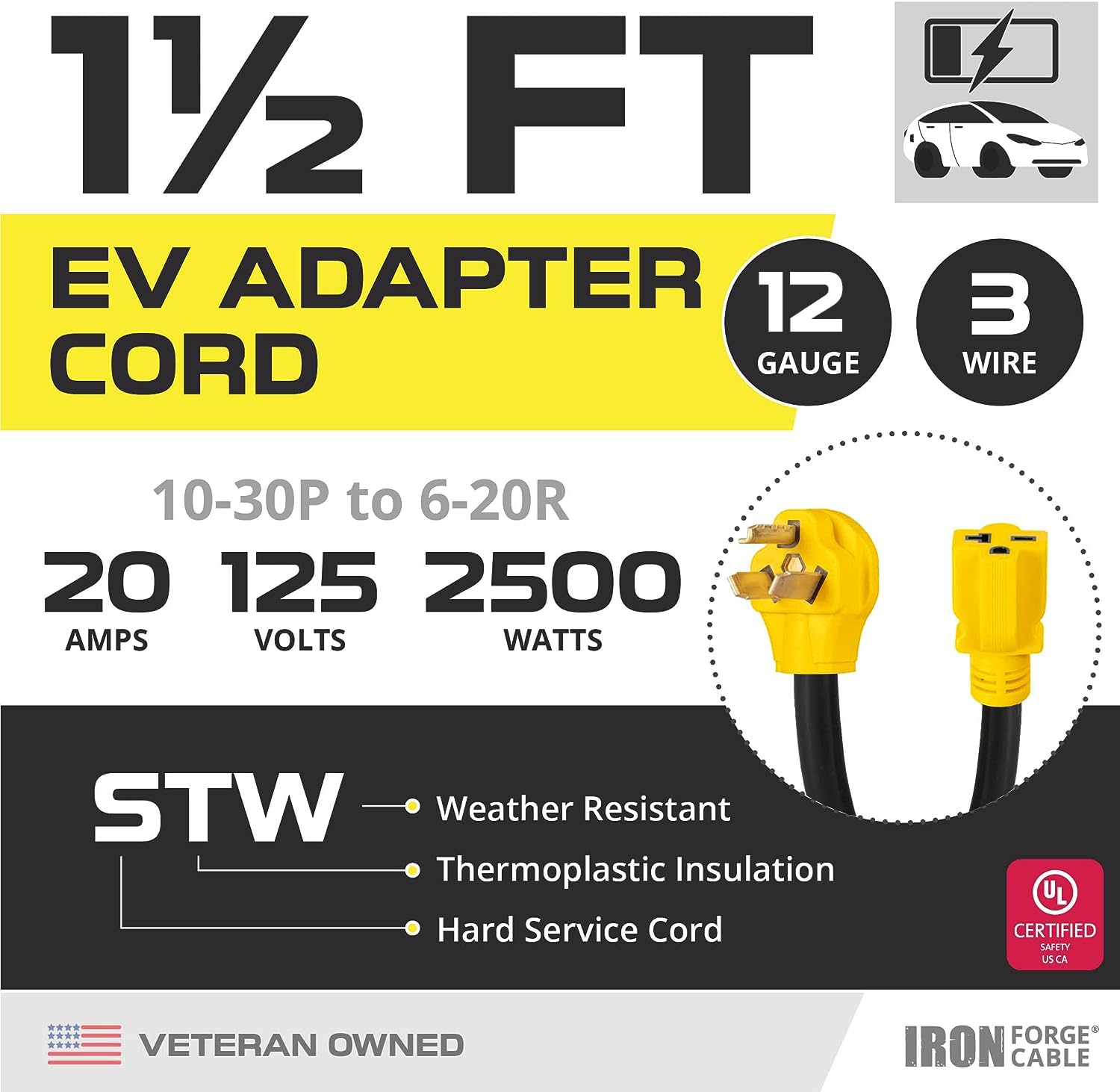 Iron Forge Cable 10-30P to 6-20R EV Charger Adapter Cord, 1.5 Ft - 12/3 STW 30 Amp Male Plug to 20 Amp Female Receptacle