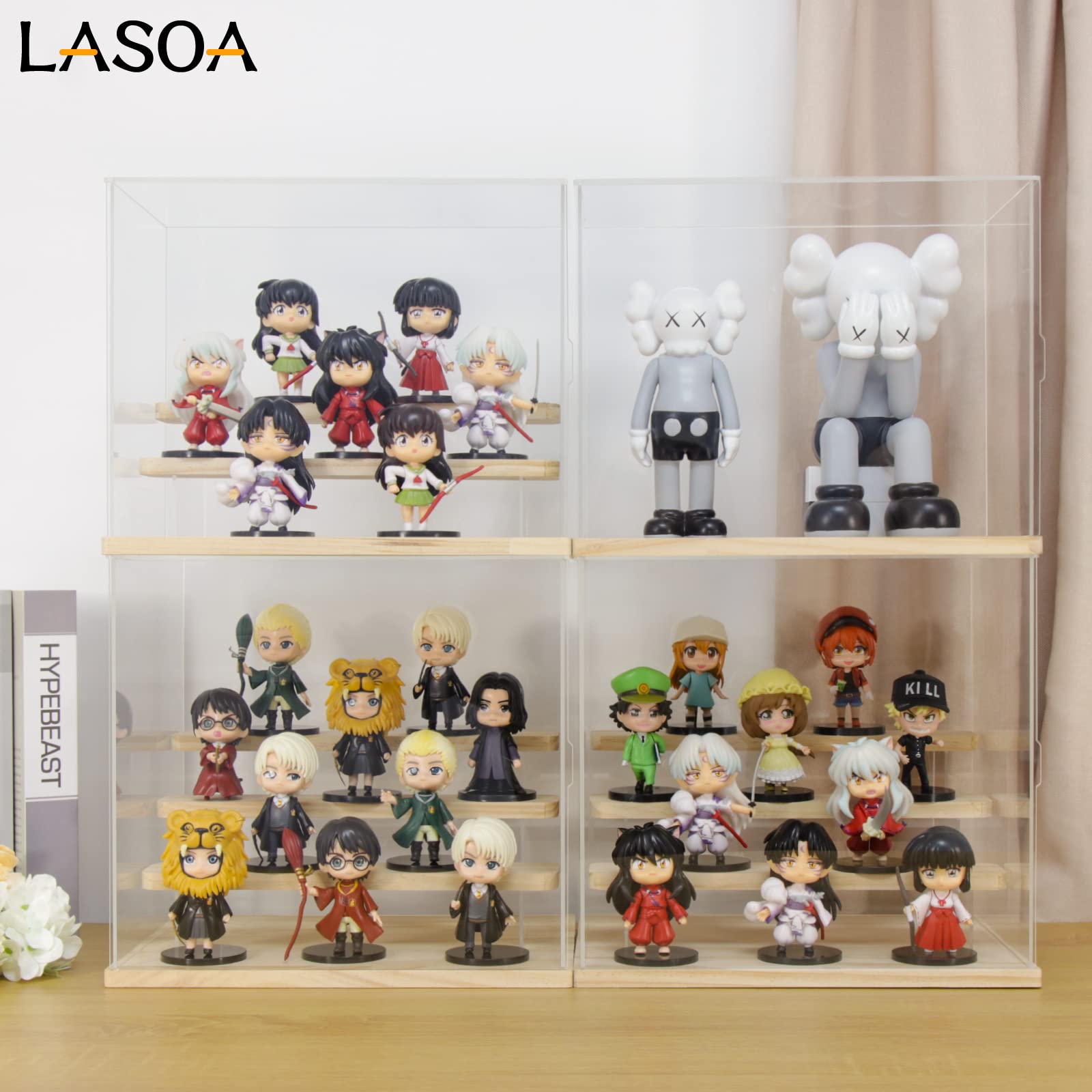 LASOA 4 Tier Acrylic Display Case for Collectibles, Alternative Glass Display Box with Wood Base and Lid, Self-Assembly Clear Shelf Showcase for Figurine Memorabilia (11.8x8.9x11inch; 30x22.5x28cm)