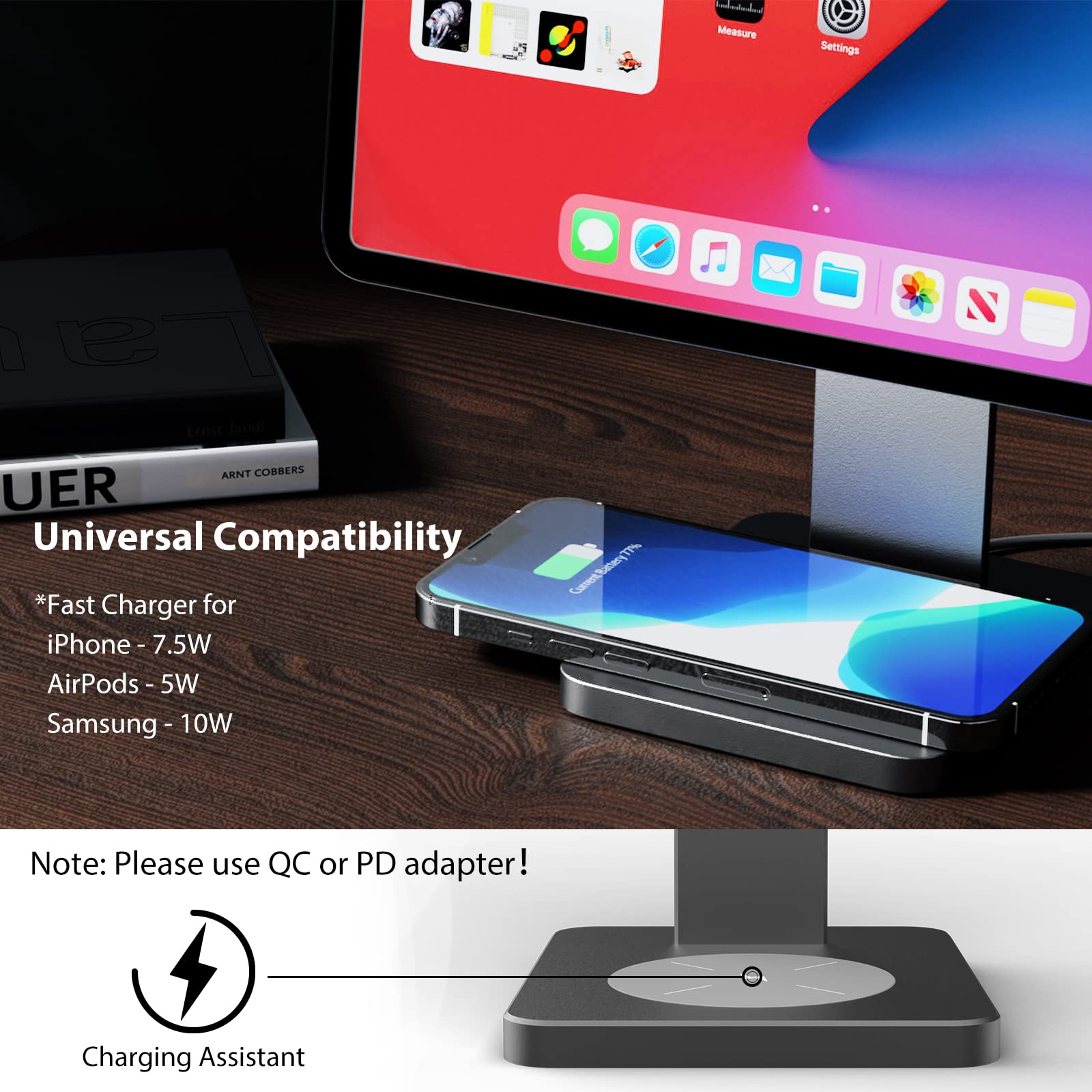 KU XIU 2 in 1 Magnetic iPad Pro Stand with Fast Wireless Charging Base,Adjustable Rotation Floating Tablet Holder for Desk,Aluminum Dock for iPad Pro 12.9 3rd/4th/5/6th Generation