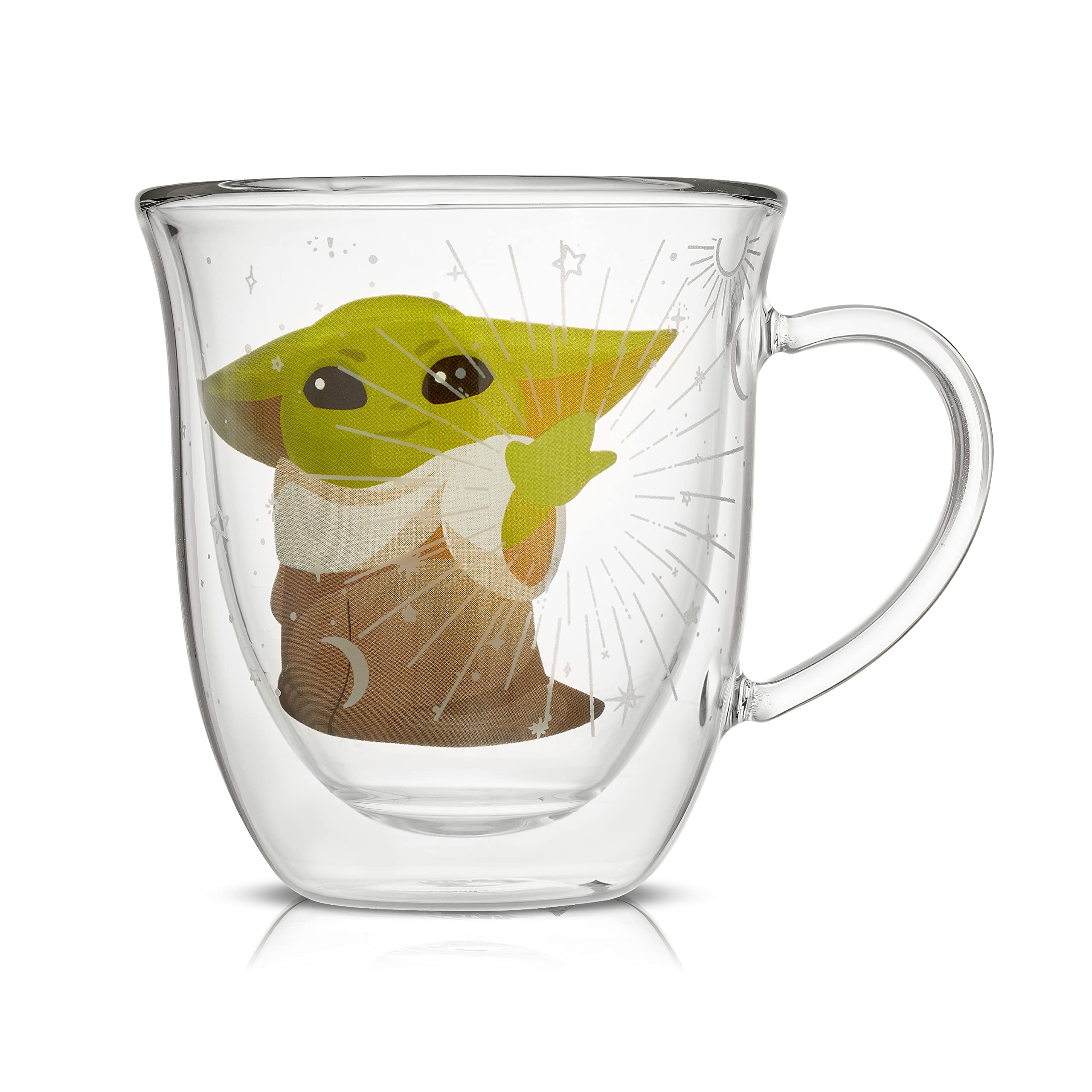 JoyJolt Mandalorian Mystic Grogu 13.5oz Coffee Mug, Double Wall Mug Set of 2. Large Espresso Cups, Cappuccino or Latte Cup. Mandalorian Star Wars Mugs, Glass Coffee Cup, Insulated Coffee Mug