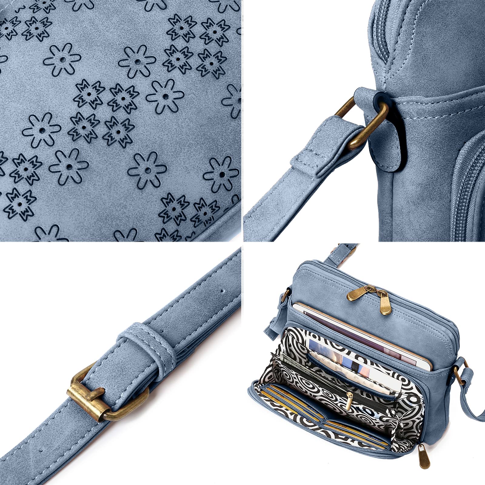 JOSEKO Crossbody Lightweight, Women Solid Multi-pockets Casual PU Leather Crossbody Shoulder Bag Blue
