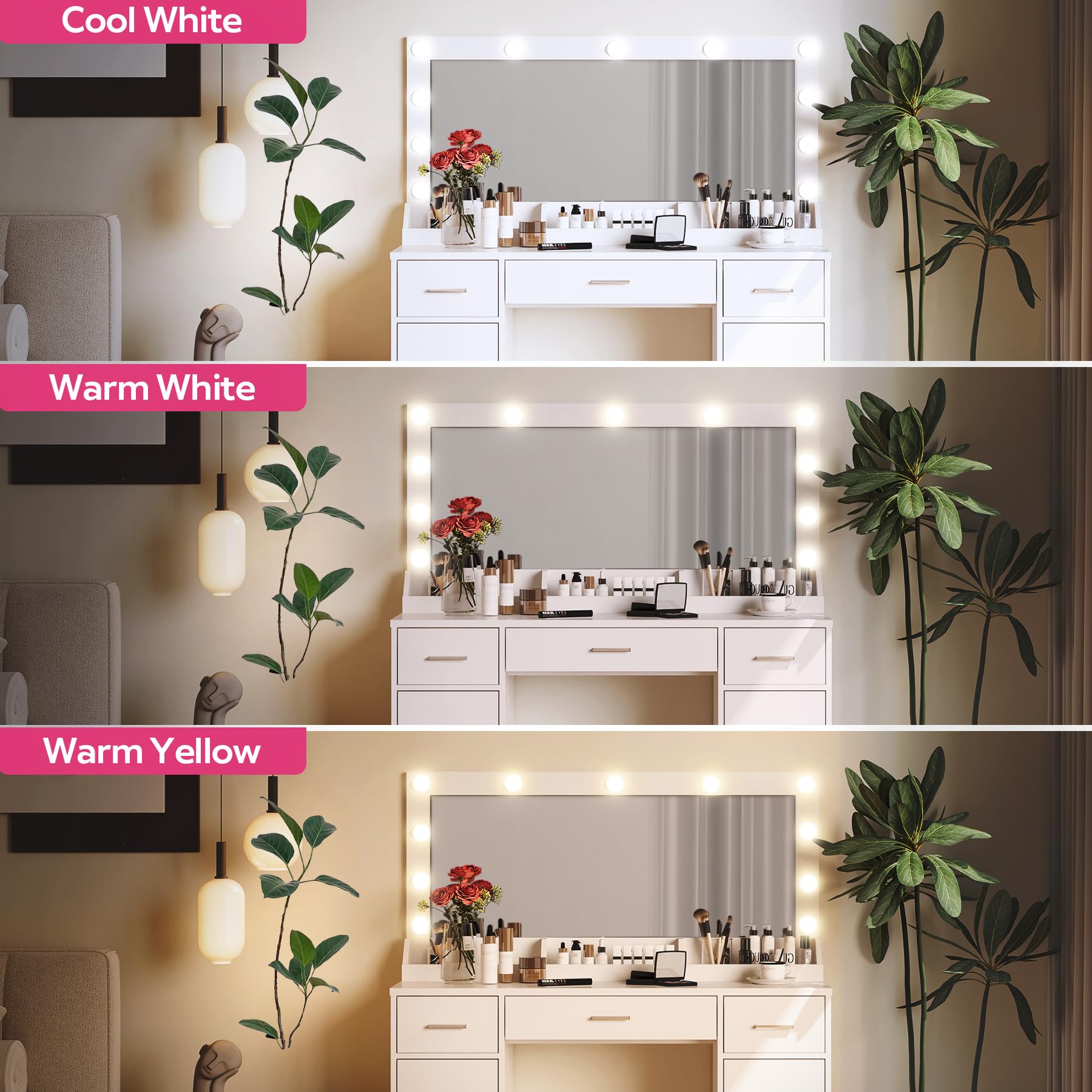 MIRROTOWEL 47.5” Vanity Desk with Large Mirror, 3 Colour Lighting Modes, Adjustable Brightness, Dresser with 3 Drawers & 2 Vertical Cabinets, Makeup Vanity Table for Women Girls White