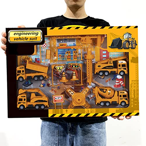 Kids Construction Vehicles Playset, Cr-ane, Excavator, Dump Truck, Cement, Educational Engineering Toy Set Birthday Gift for 3+ Year Old Boy