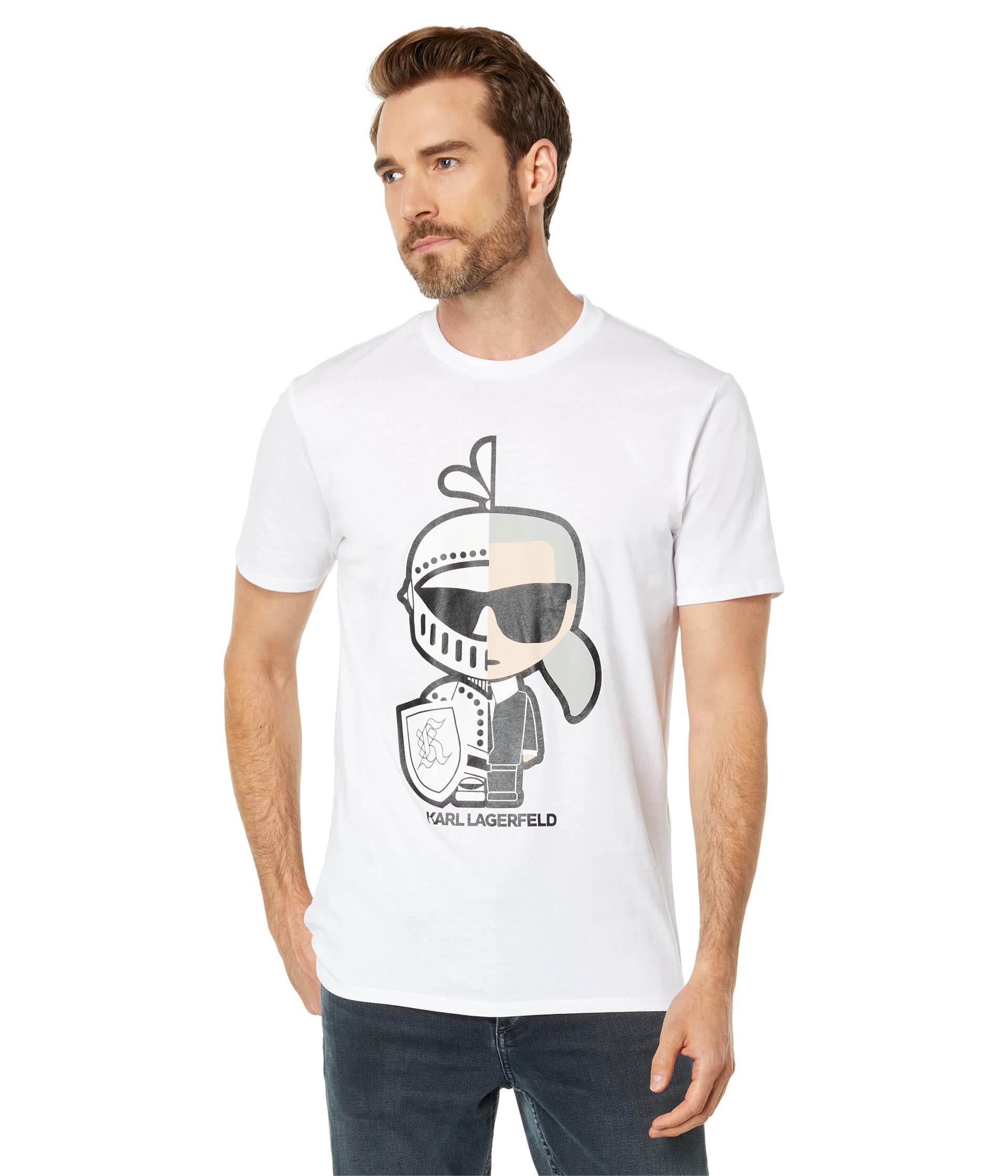 Karl Lagerfeld Paris Men's Split Knight Logo Crewneck Short Sleeve Solid T-Shirt, White, X-Large