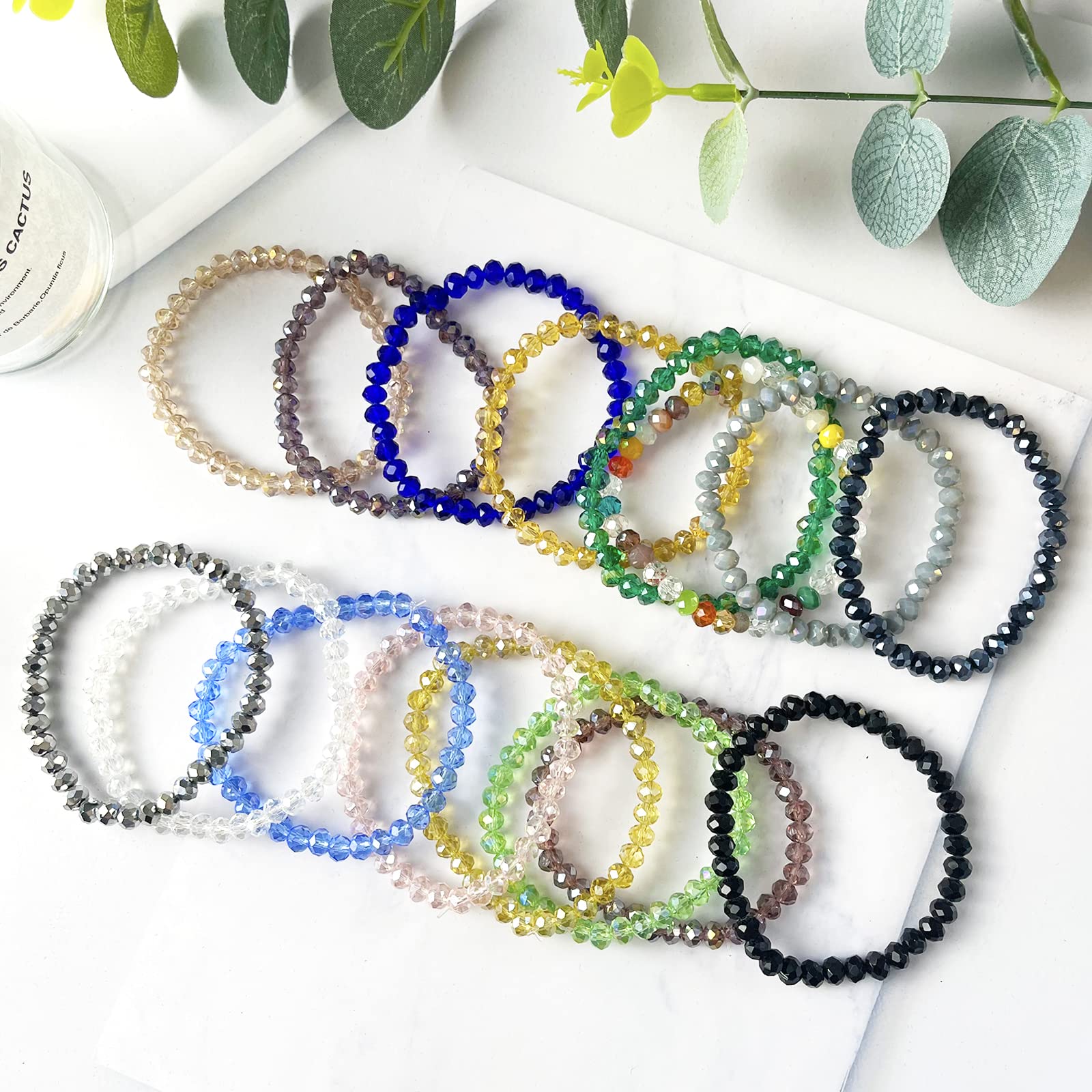 JEWPARK 17Pcs Beaded Bohemian Bracelet for Women Stacking Crystal Beads Bracelets Faceted Glass Beads Bracelets Sparkly Versatile Stretch Cuff Bangle Set 4x6mm