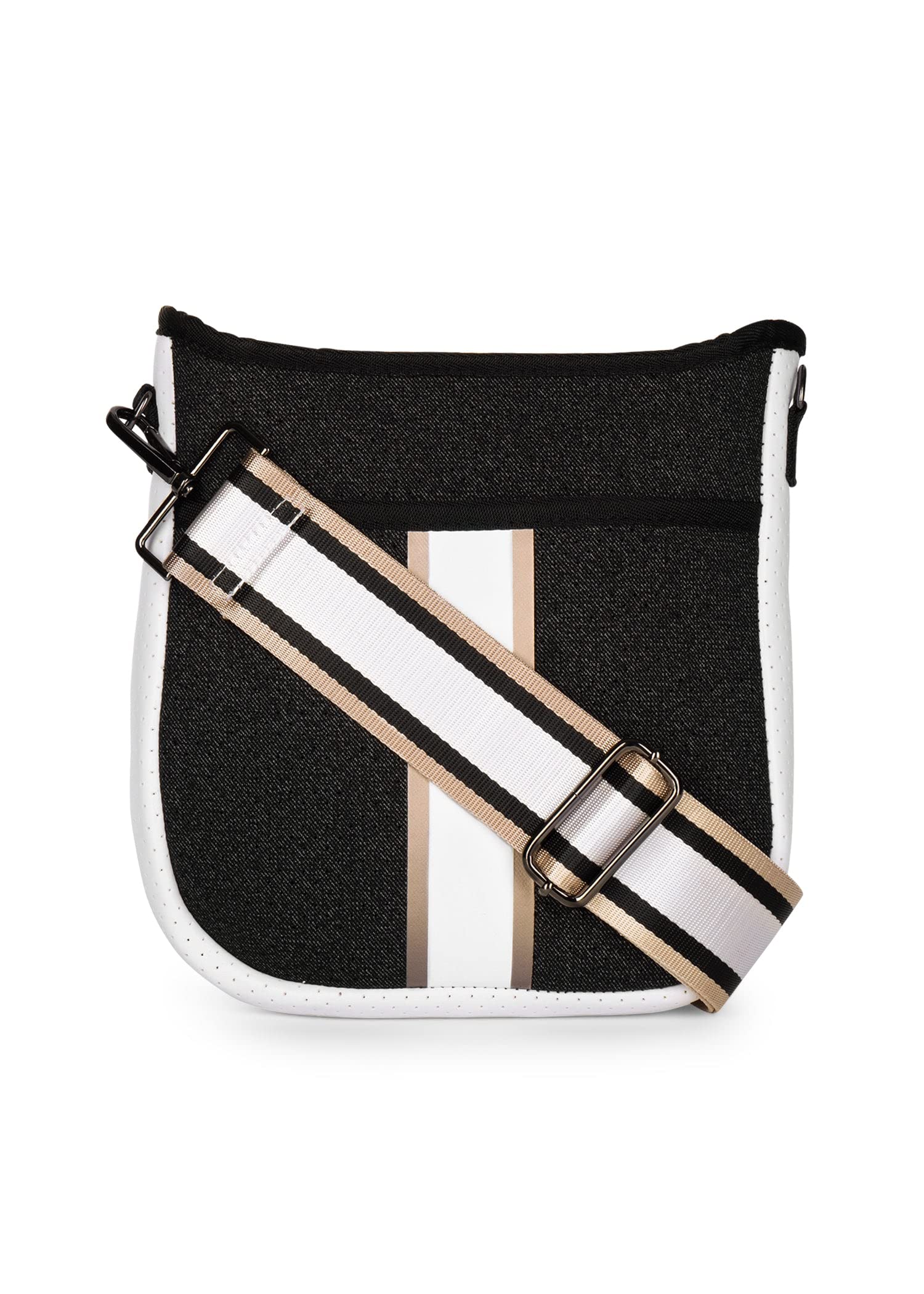 Jeri Bravo Crossbody Tote by Haute Shore, Black Denim W/Rosegold and White Stripe