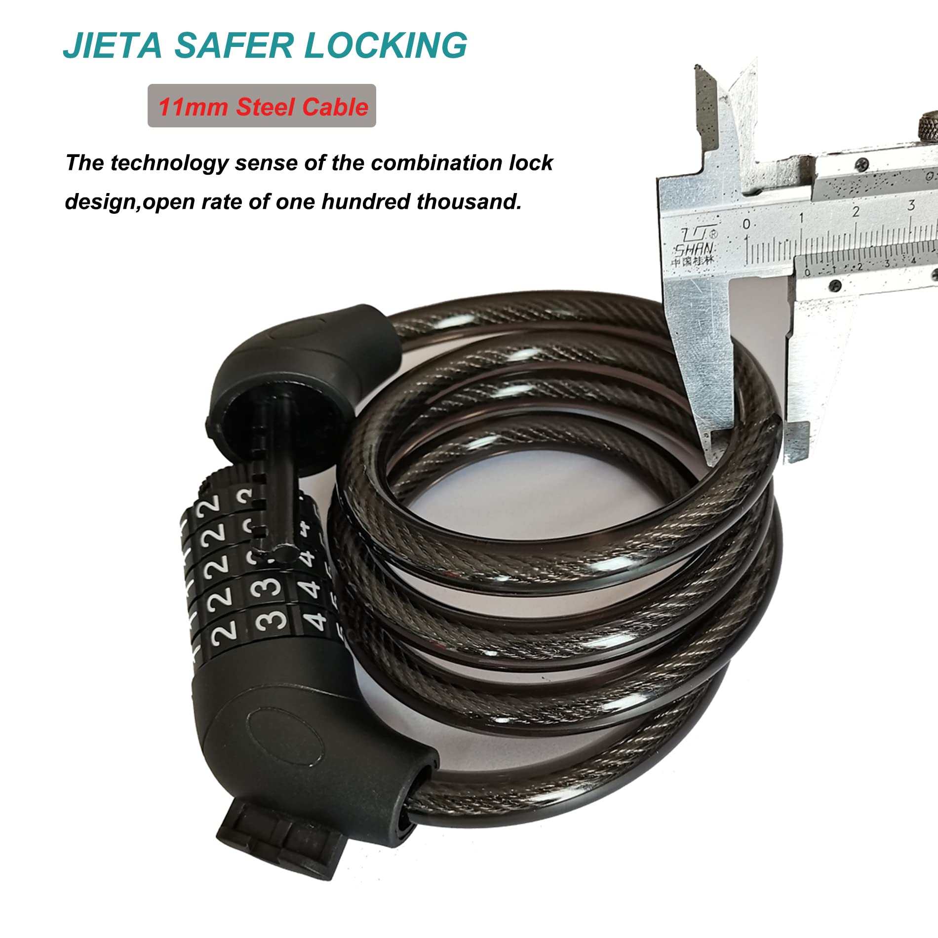 JIETA Cable Bike Lock,5 Digit Resettable Combination Codes,4feet (120cm) Long Bicycle Locks with Mounting Bracket,Black 4FT 11mm