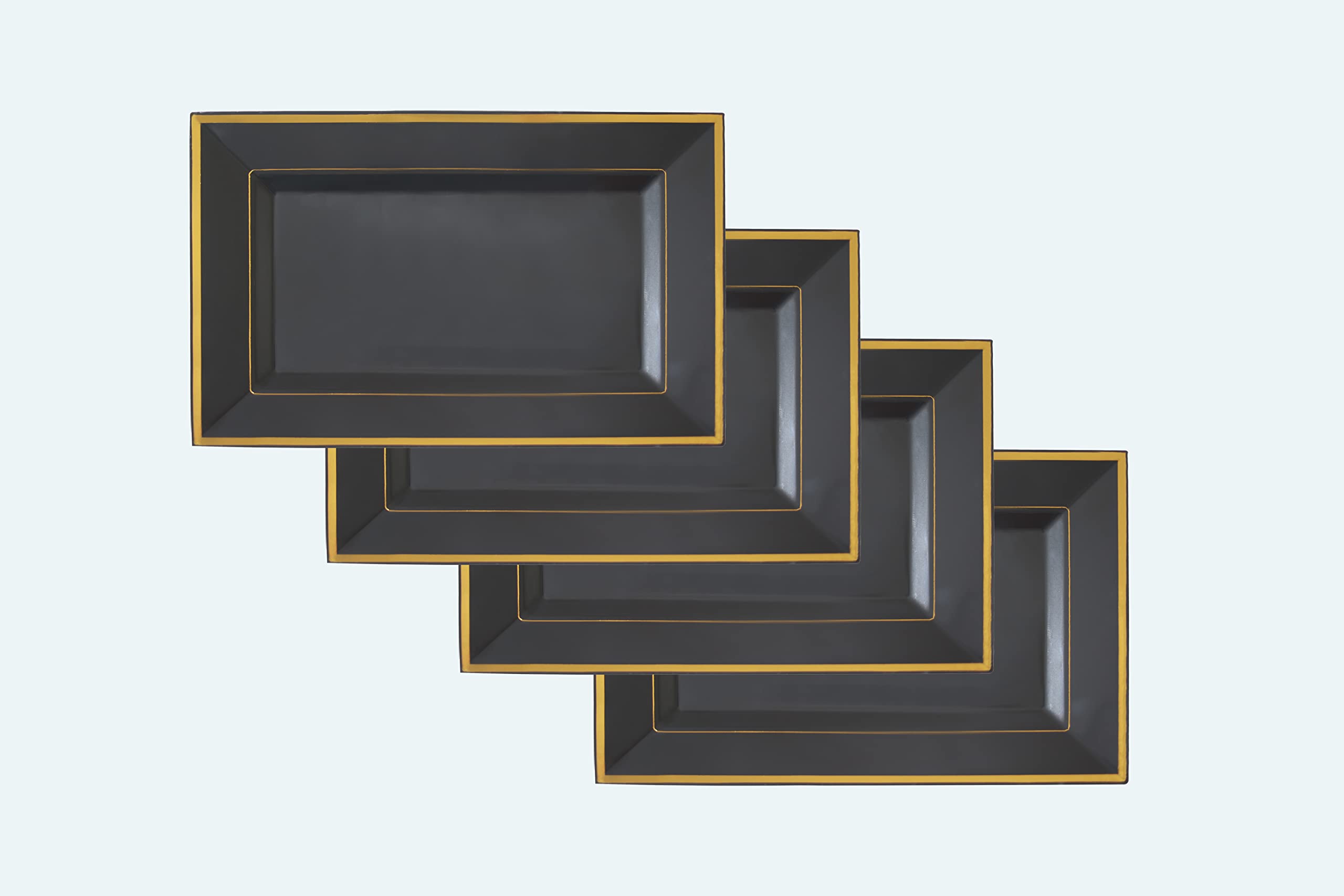 Hard Plastic Serving Tray Set, Black & Gold Rim Disposable Serving Trays & Platters for Food, Large Plastic Trays for Parties, Weddings, Food Trays for Cookies, Dessert, 8" x 13", 4 Pack