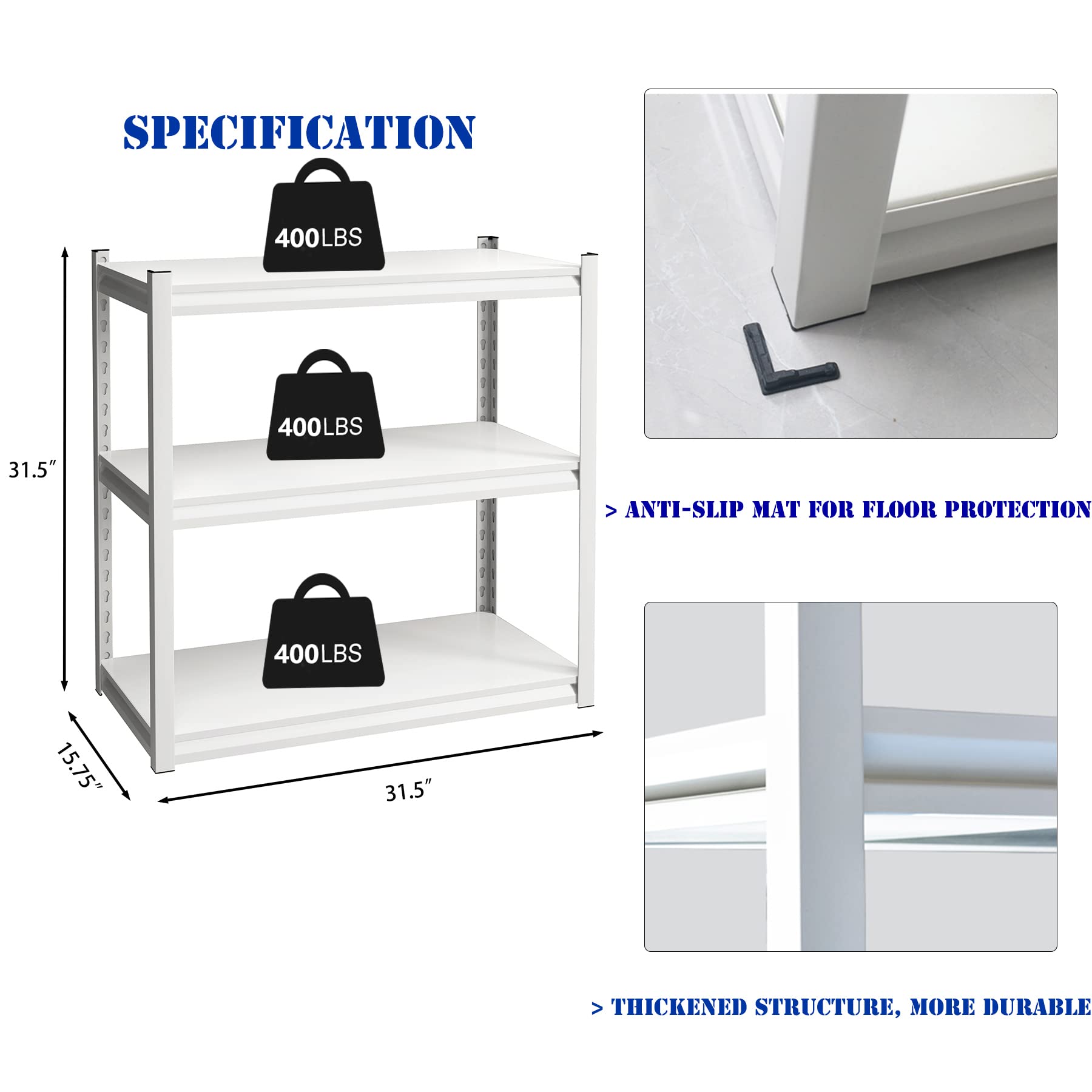 MIOCASA Garage Shelving Adjustable 3 Tier Heavy Duty Metal Storage Shelves Adjustable Utility Rack Organization for Kitchen, Pantry, Closet, Garage, Office 31.5" W x 15.75" D x 31.5" H, White
