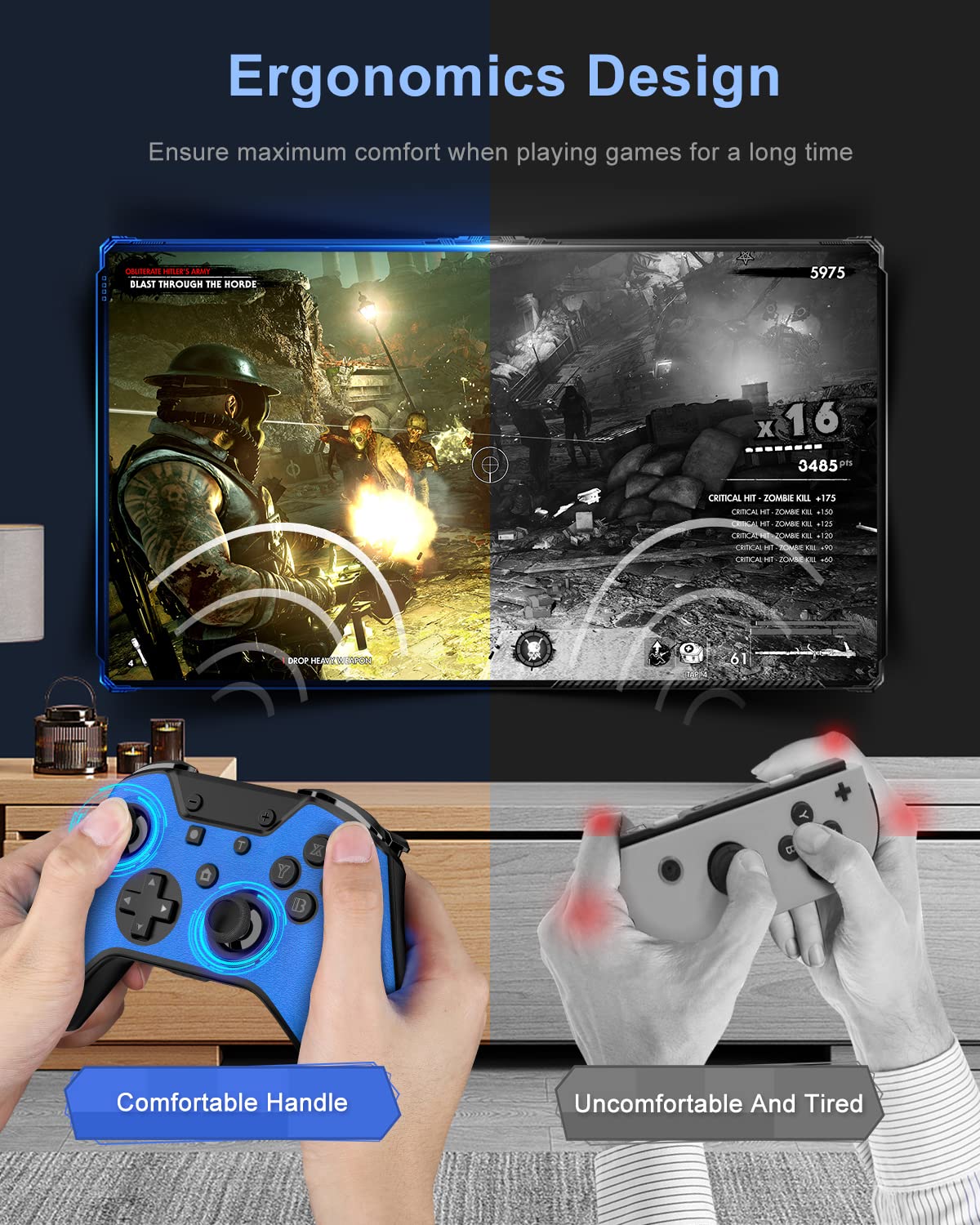 ISENPENK Switch Controller, Wireless Pro Controller for Switch/Switch Lite/Switch OLED, Switch Remote Gamepad with Joystick Adjustable Turbo Vibration Ergonomic Non-Slip for Kids - Blue