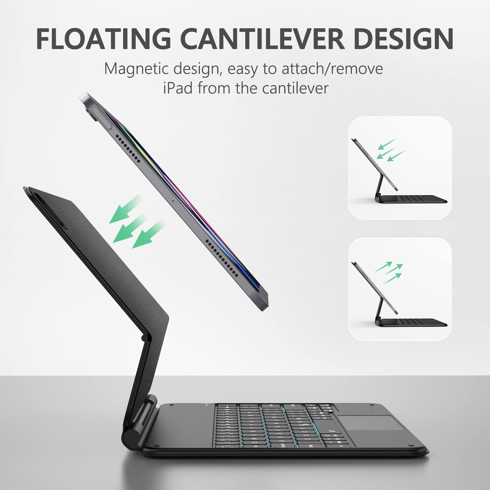 KINGTIME Floating Cantilever Stand Magnetic Keyboard Case Compatible with iPad 11 Inch, iPad Case with iPadOS Shortcuts, Multi-Touch Trackpad, 7-Color Backlit, Bluetooth 5.2 Connection, 800mAh Battery