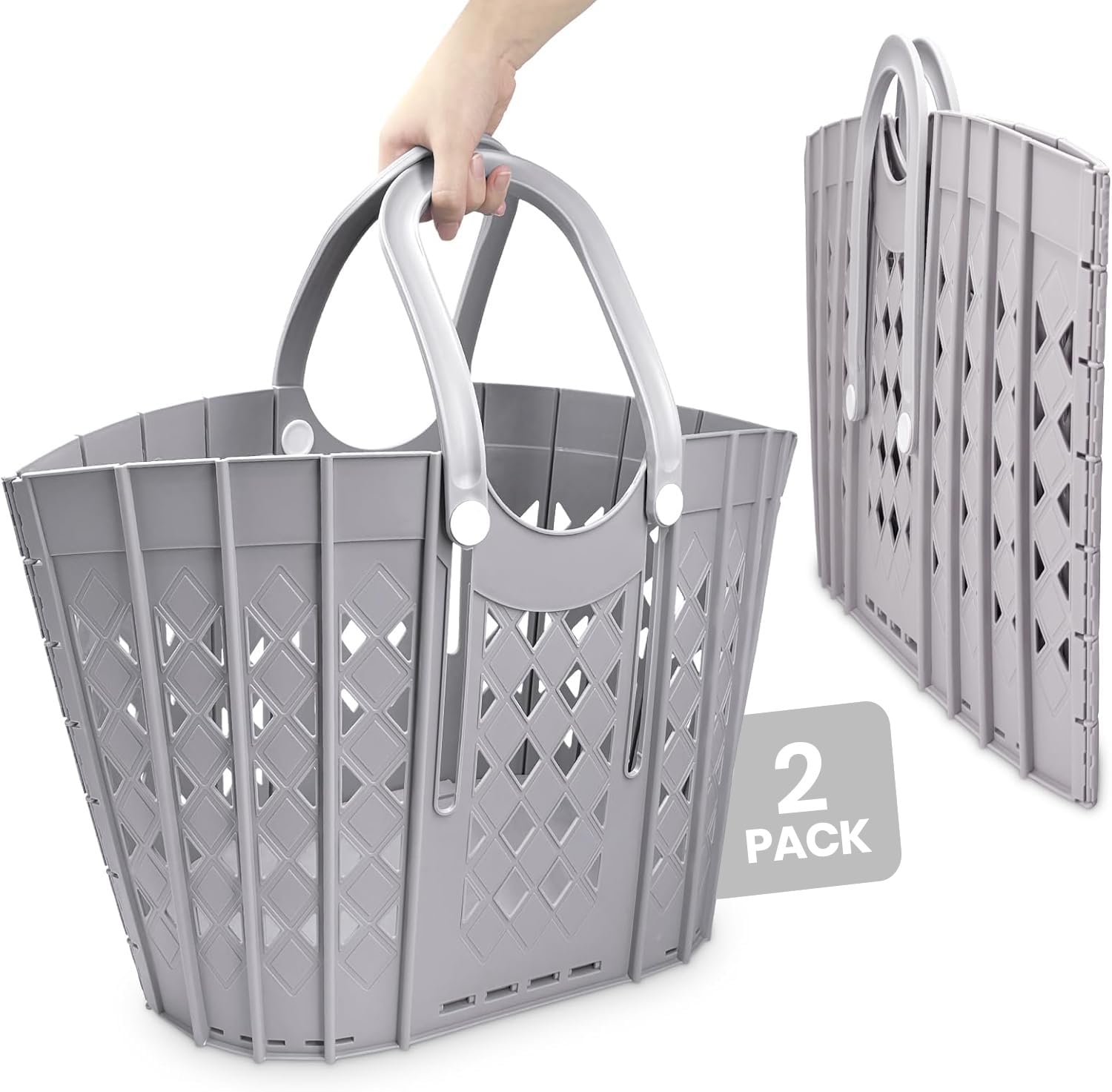 PATWING 2-Pack Collapsible Laundry Baskets, 41L Space Saving Foldable Laundry Basket, Large Plastic Laundry Basket, Collapsible Hamper with Handles for Home, Kids Room, Dorm (Triangle -Grey 2 pack)