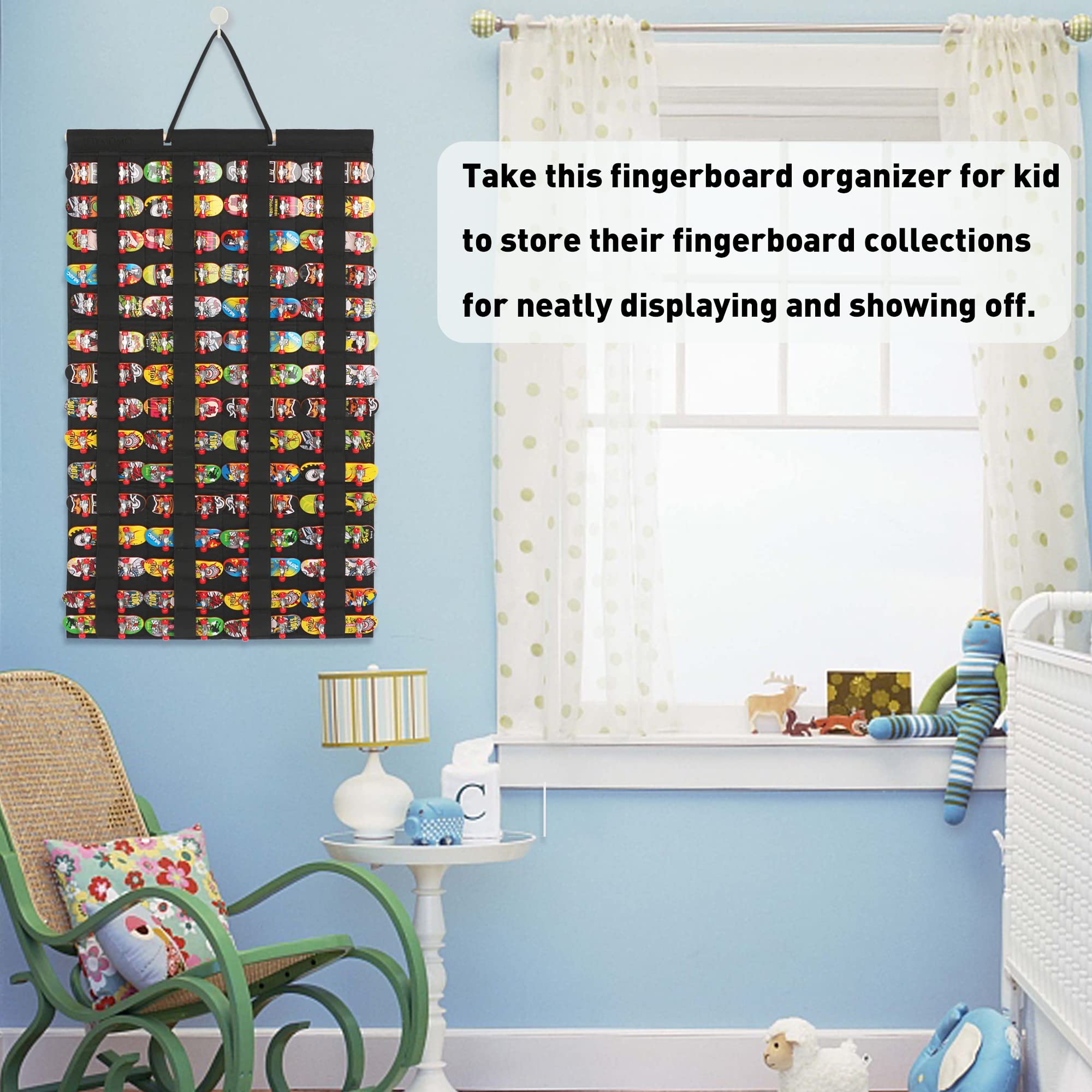 JOYMOMO Felt Hanging Fingerboard Holder Mini Finger Skateboard Display Rack for Kids Hold Up 60 Toy Fingerboards (Without Fingerboards) (Black)