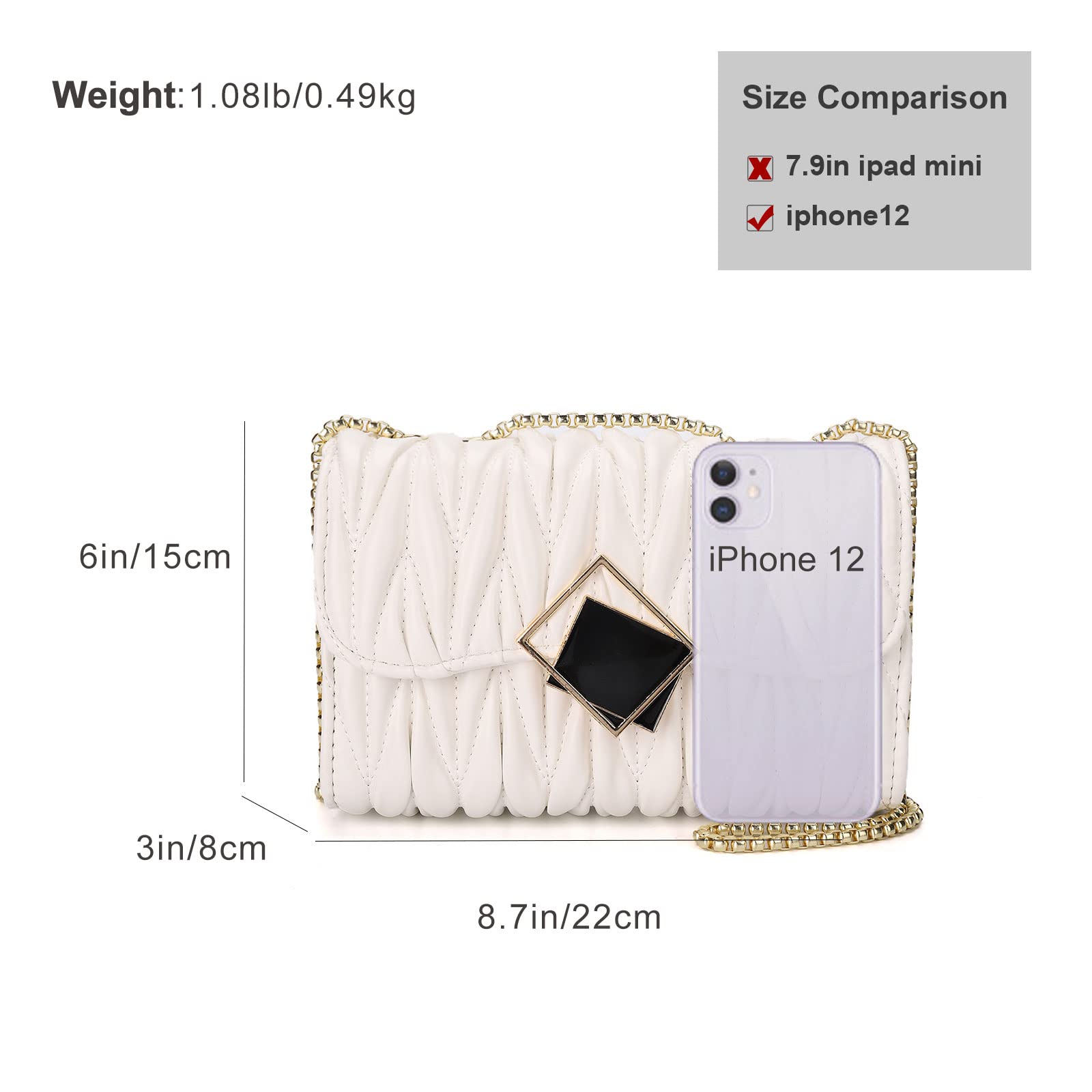 LAVTUG Small Quilted Crossbody Bags for Women Shoulder Purse Wallet with Chain Strap Stylish Clutch multiple pockets White