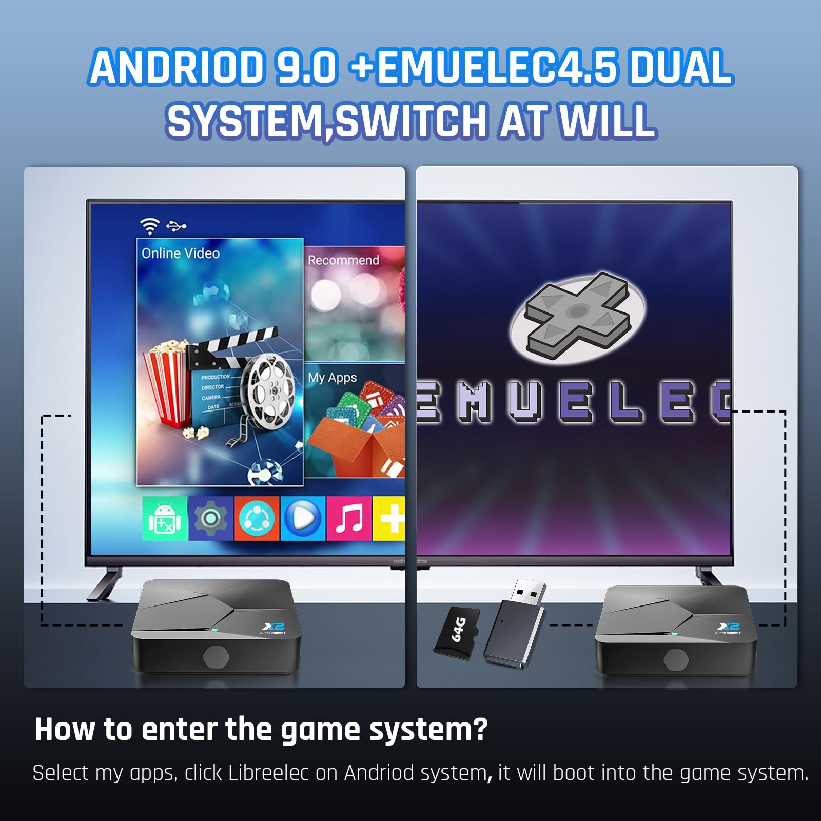 Kinhank Super Console X2 Video Game Console with 100,000+ Games, Compatible with 60+ Emulators, S902X2 Chip, Android TV 9.0&Emuelec 4.5 Dual Systems for 4K TV/AV Output,Include 2 Controllers