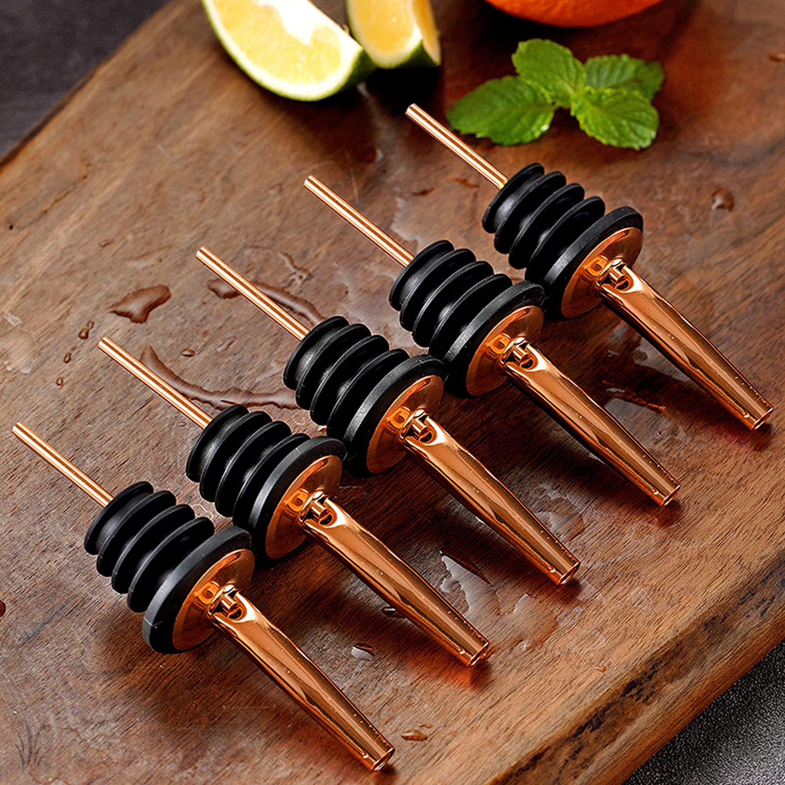 Liquor Bottle Pourers - Stainless Steel Classic Bottle Pourers with clean bursh, Rustproof Metal Alcohol Pouring Tubes For Bars, Clubs, Restaurants & Home Use (Copper) (24 pack)