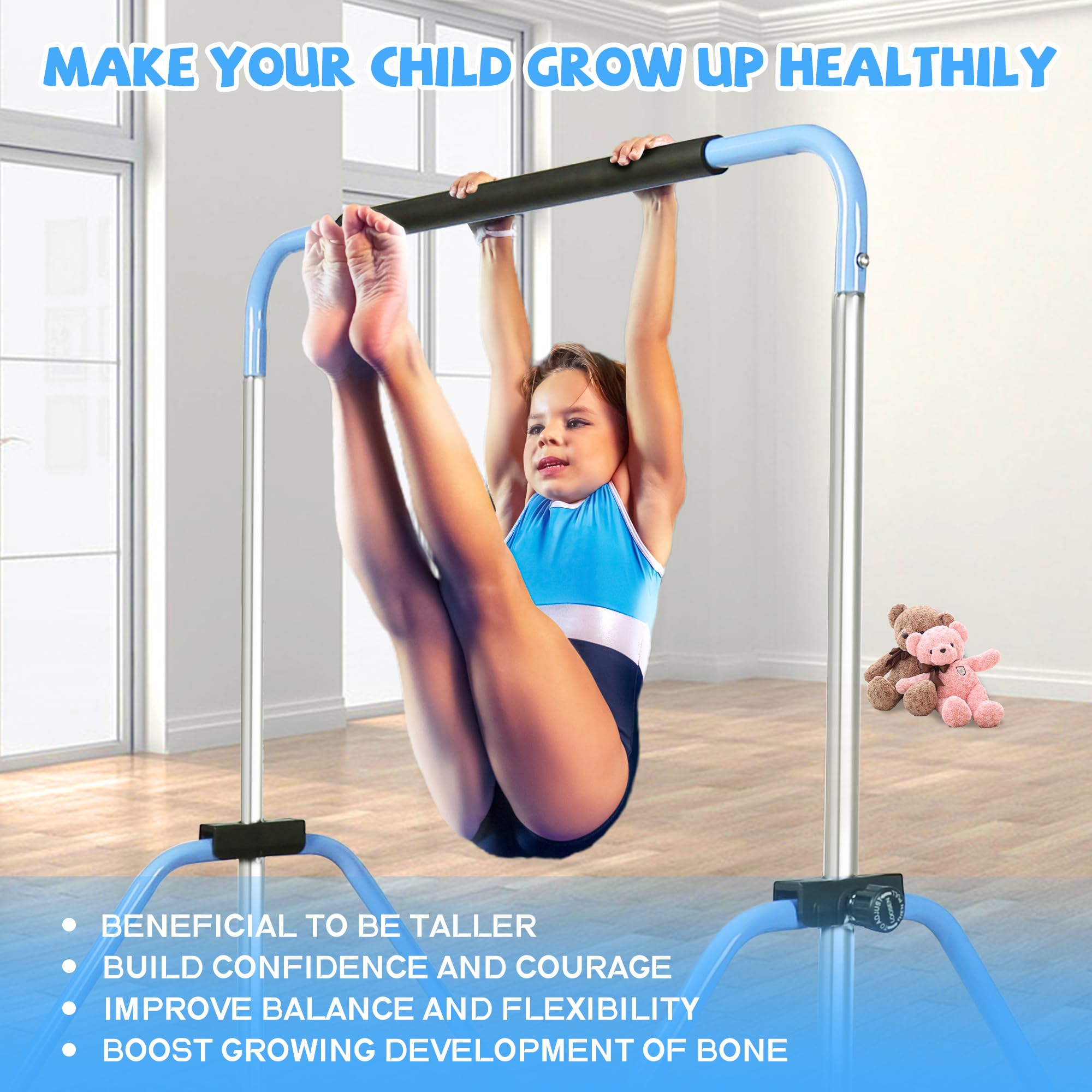 Kangaroo Hoppers Kids Gymnastics Bar & Gymnastics Mat for Home, Height Adjustable Foldable Junior Training Bar, 5-Panel Tumbling Mats 3 FT x 6 FT, Blue