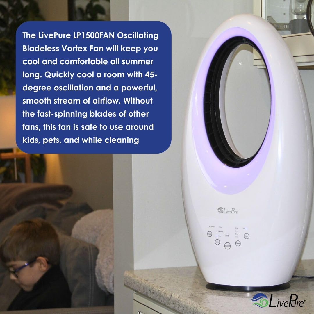 LivePure LP1500 Bladeless Oscillating Whole Room Fan. 3-Speed Adjustment, Touch Control, Quiet Cooling Fan. Stand Up Personal Fan for Bedroom, Office, Kitchen. Portable with 45-Degree Rotation. White