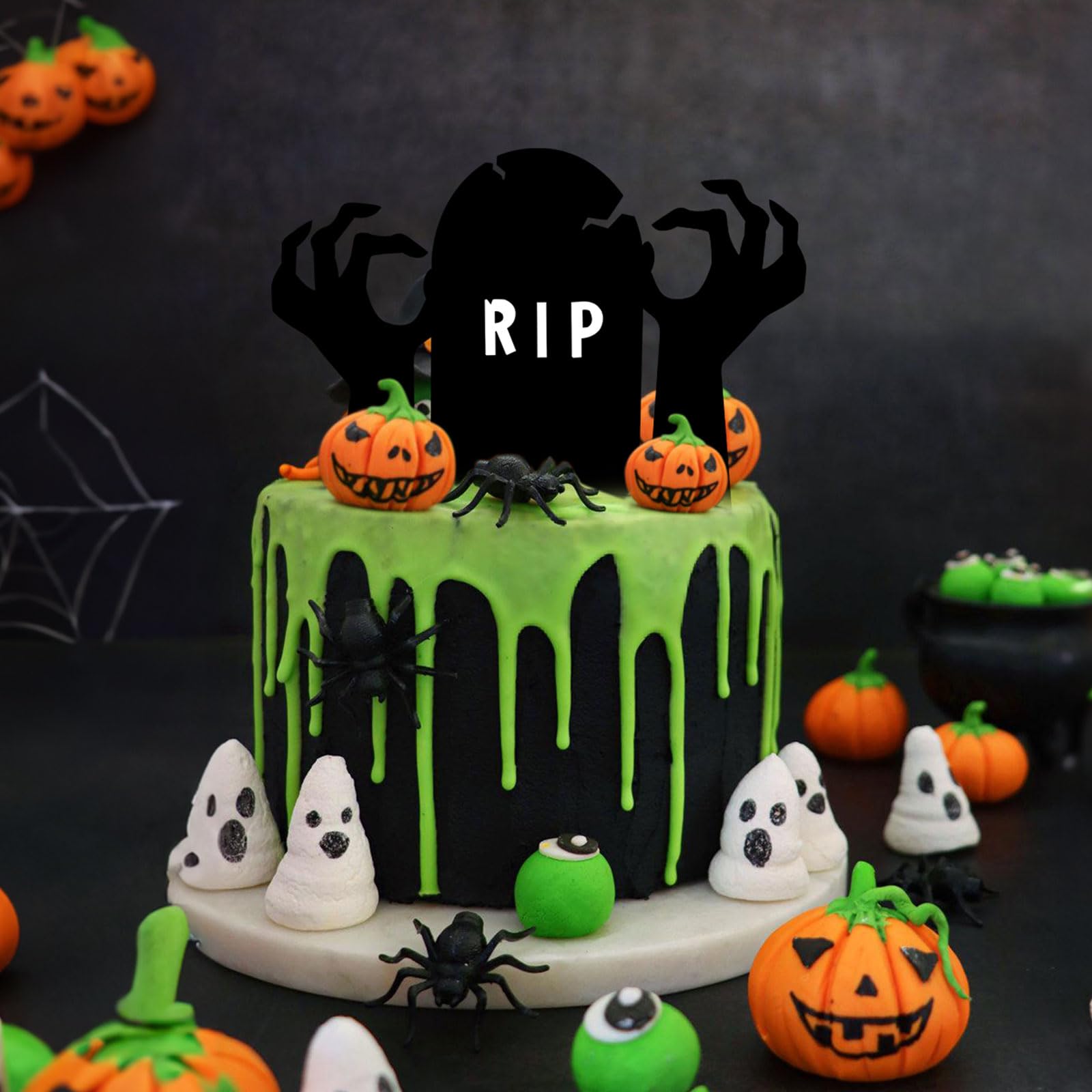 Halloween Cake Toppers Horror RIP Tombstone 3pcs Classic Black Ghost Hand Cake Toppers Halloween Cake For Creepy Theme DIY Birthday Wizard Spider Ghost Party Cake