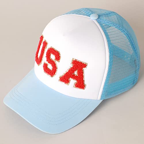 MIRMARU Retro Foam Mesh Trucker hat Trendy Design Summer Baseball Cap for Womens (US, Alpha, One Size, USA Chenille Glitter - Light Blue)