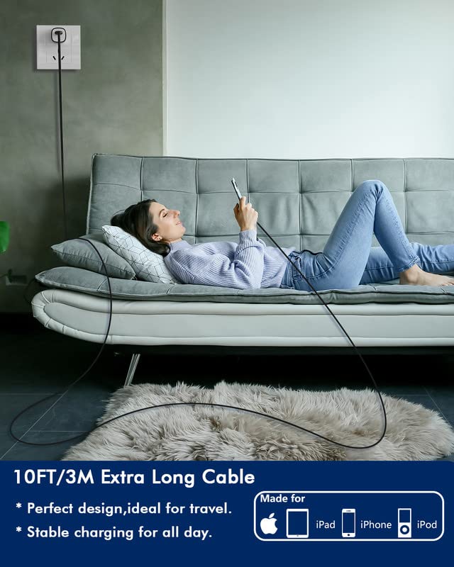 iPhone Charger,Long 10ft Apple Charger for iPhone 2Pack[Apple MFi Certified] Braided Fast Charging Lightning Cable Cord USB Wall Charger Block Plug for iPhone 13 12 11 Pro Max XR XS X 8 Plus 7 SE iPad