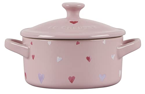 Le Creuset L'Amour Collection Stoneware Mini Round Cocotte, 8oz, Chiffon Pink with Heart Applique