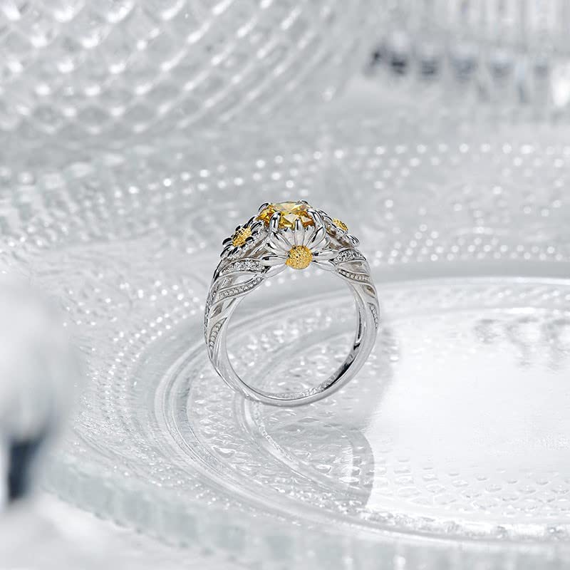 Jewels Store 2.5 Ct Round Cut Citrine Yellow Diamond Sunflower Design Engagement Ring in 925 Sterling Silver White Gold Finish (Silver, 5)