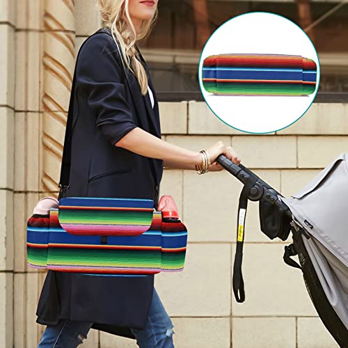 Kigai Gradient Stripes Baby Stroller Organizer with Cup Holders, Secure Hooks Accessories Adjustable Strap Stroller Bag for Bottle, Diaper, Phone, Toys, Baby Items