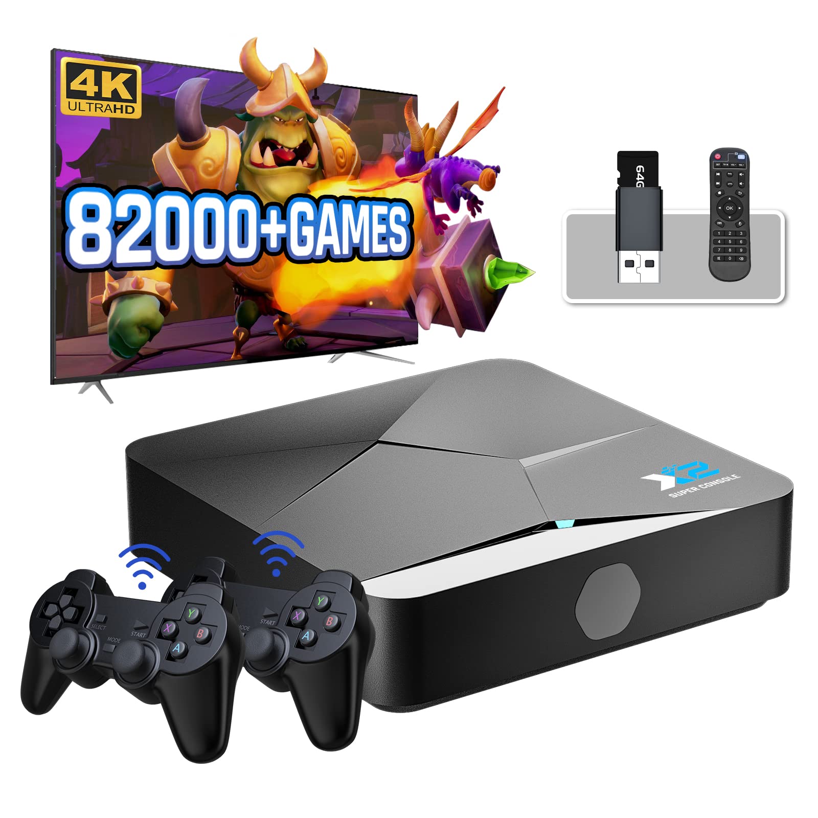Kinhank Super Console X2 Built-in 82,000+ Classic Games,64G Retro Gaming Consoles Compatible with 60+ emulators, S902X2 Chip, Android TV 9.0&Emuelec 4.5 Systems in One, 2 Controllers