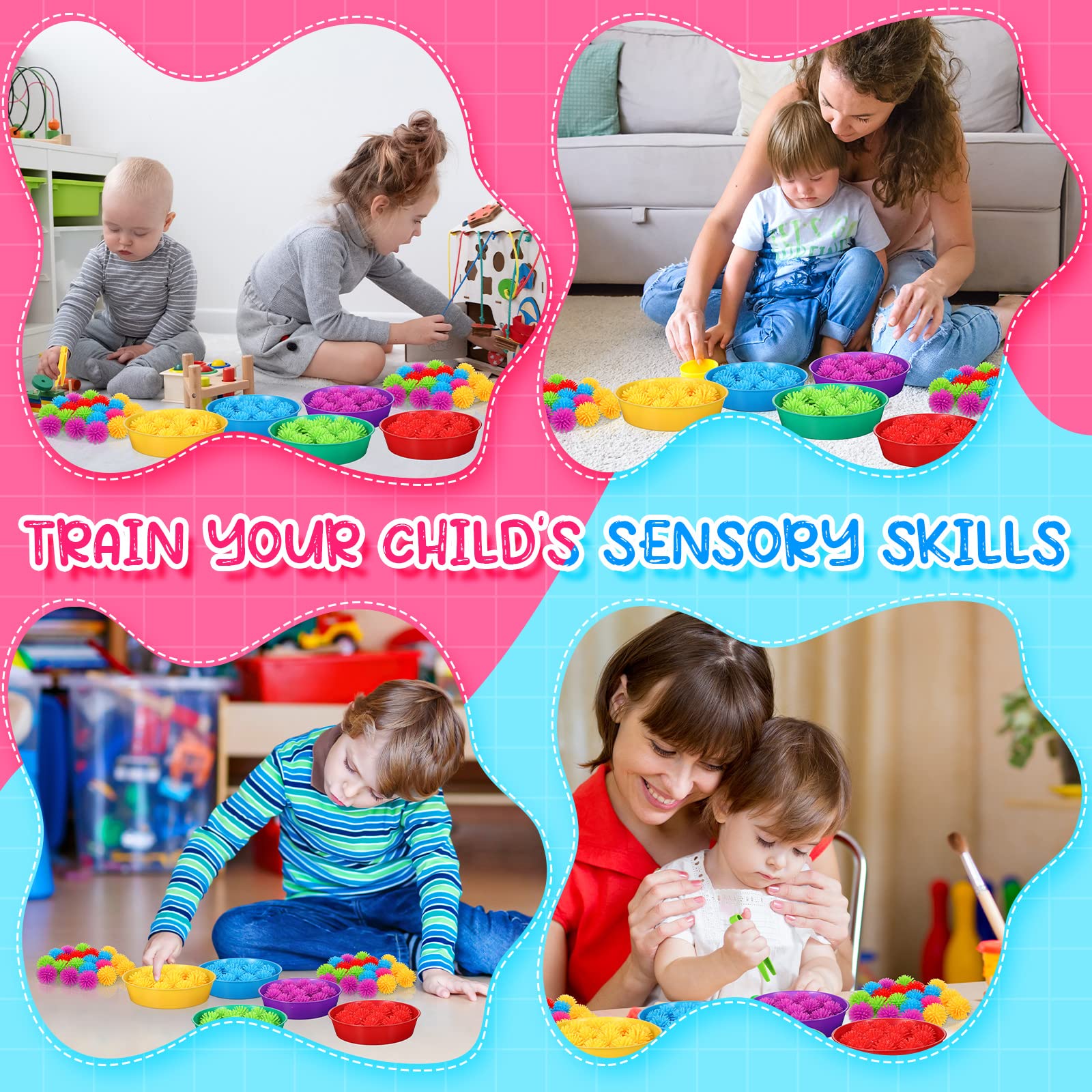 Leitee 71 PCS Fine Motor Toys Counting Sorting Sensory Bin Filler, 60 Hedge Balls 4 Tweezers 2 Scissors Clips 5 Cups for Boys Girls Early Education and Sorting Counting Training Development