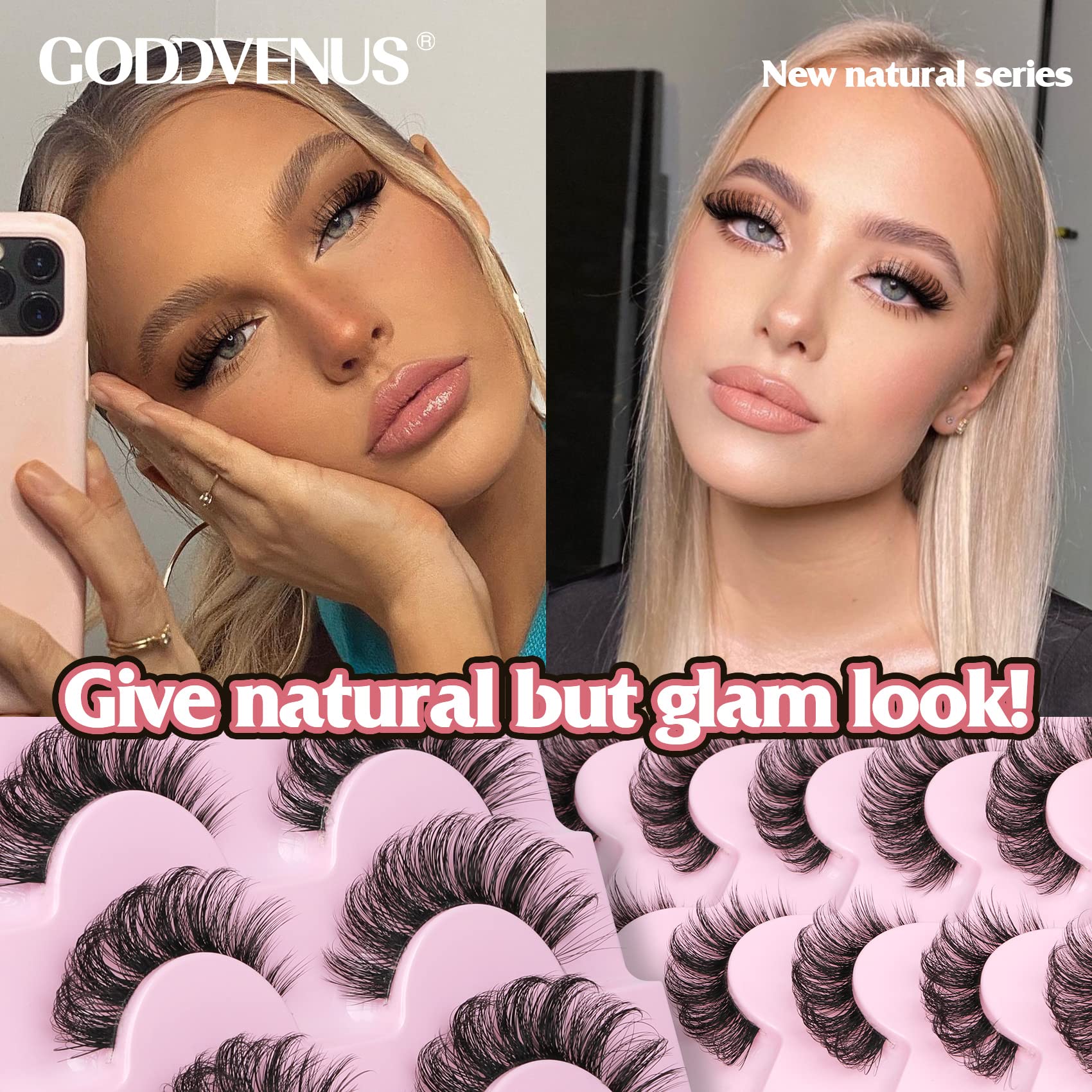 Lashes Natural Look False Eyelashes D Curl 16mm Lashes 3D Wispy Faux Mink Eyelashes with Clear Band Fake Eye lashes 7 Pairs by Goddvenus