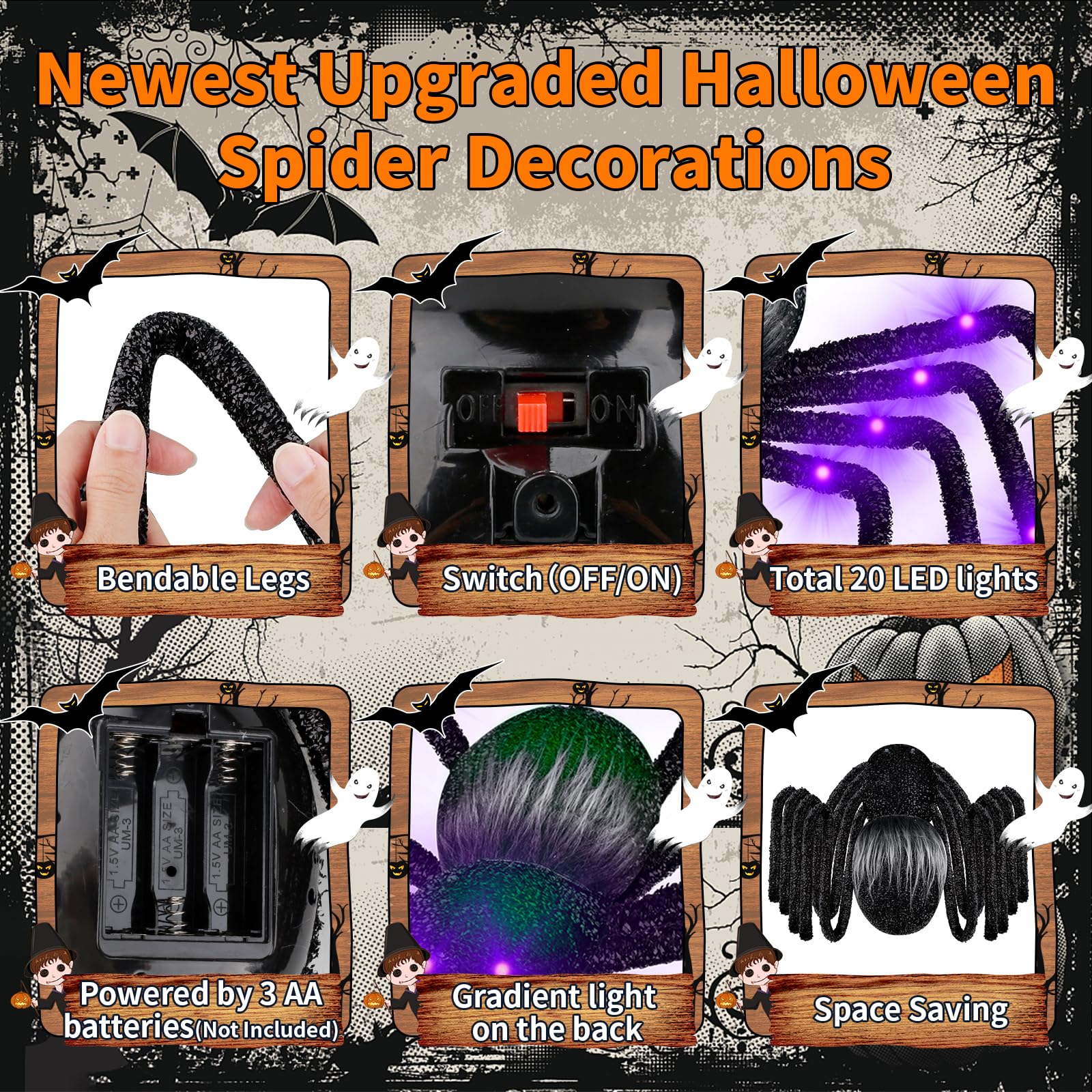 Halloween Decorations Outdoor,2023 Upgraded Light Up Giant Halloween Spider Decorations Bendable Fake Spider with Back Gradient Light,Halloween Decor for Home Yard Costumes Parties Garden Lawn