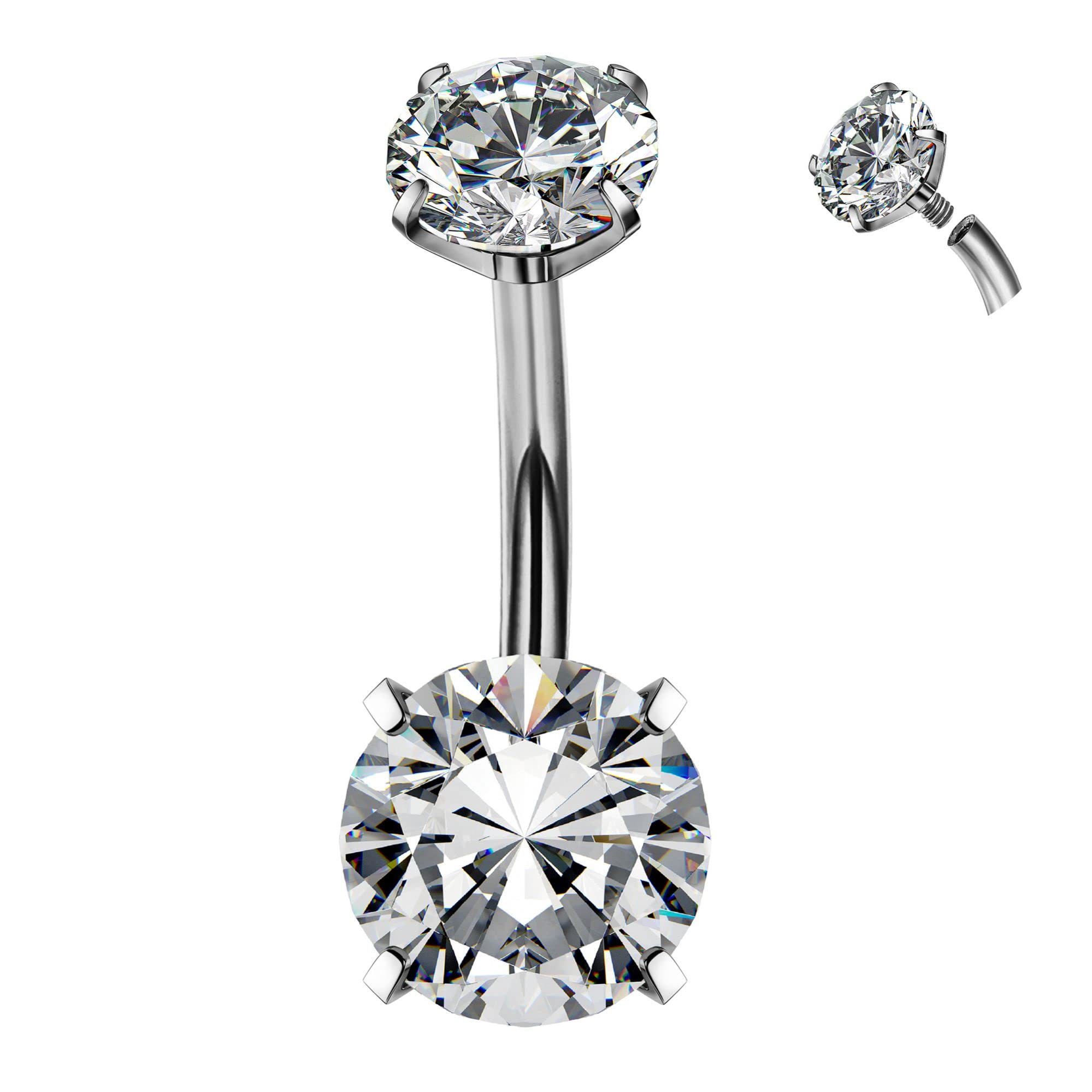 LOLIAS G23 Titanium Belly Button Rings Internally Threaded 14G Cubic Zirconia Opal Navel Barbell Piercing Jewelry for Women,Silver