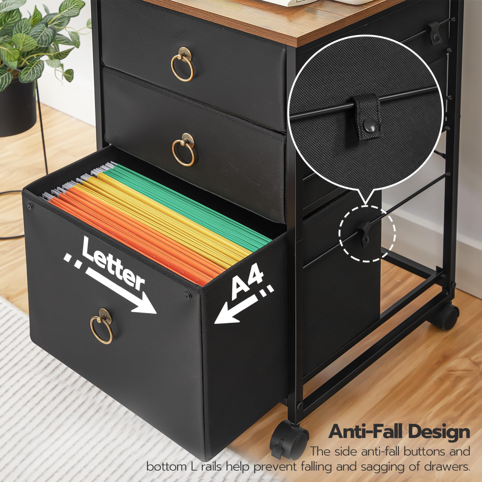 HOOBRO Mobile File Cabinet, Rolling Printer Stand with 3 Drawers, Fabric Vertical Filing Cabinet, Office Cabinet, Filing Cabinet for Home Office, A4/Letter-Sized, Rustic Brown and Black BFK30WJ01