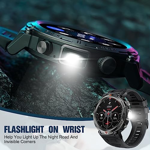 Military Smart Watch for Men with Flashlight(Bluetooth Call/Answer), 1.45β Rugged Tactical Smartwatch for Sleep Heart Rate Pedometer, Outdoor Fitness Tracker Compatible with Android iPhone Black