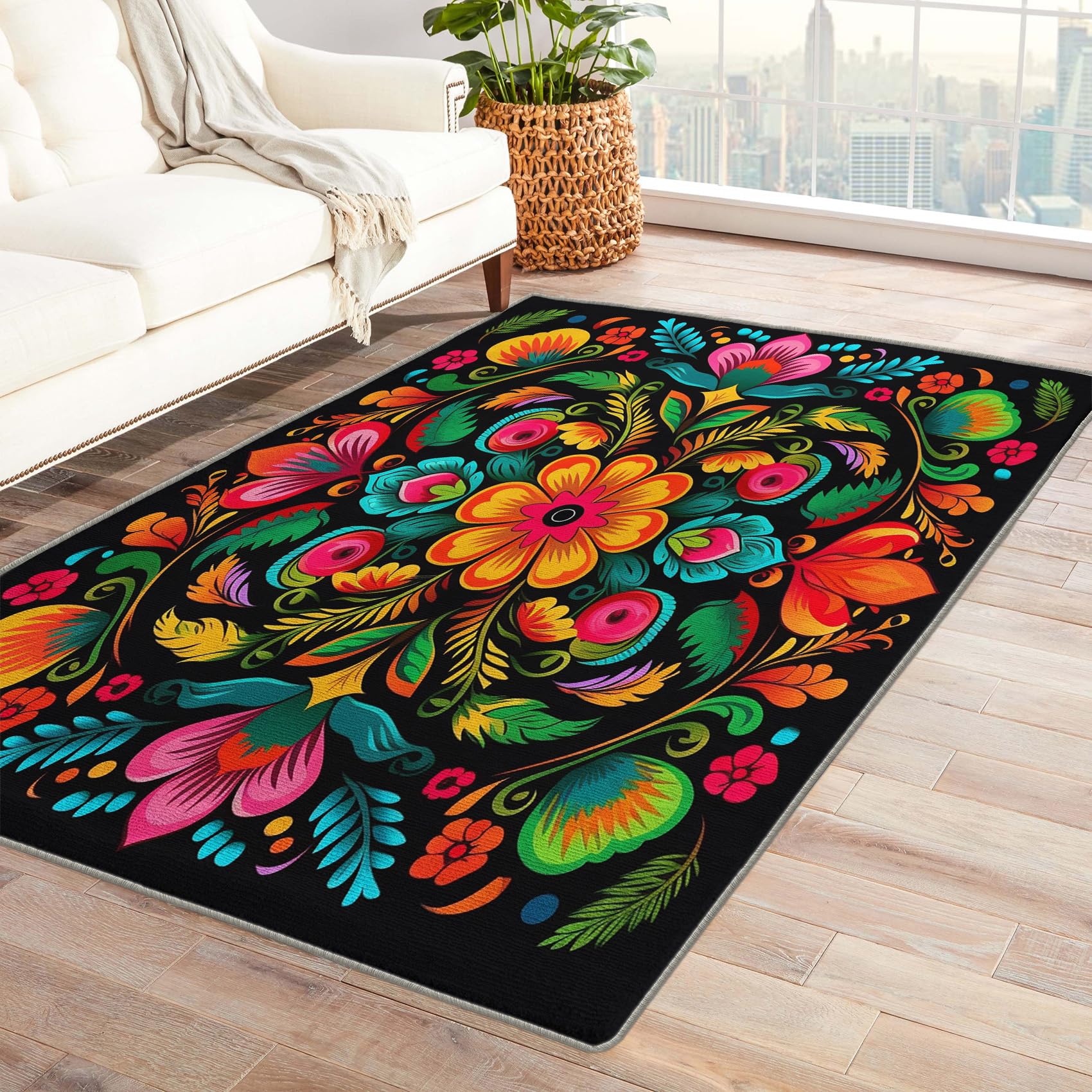 MOBEITI Mexican Area Rug 5x7, Floral Rugs for Bedroom Living Room, Colorful Home Decor Carpet, Machine Washable Non Slip Soft Low Pile Indoor Decorative Large Rug
