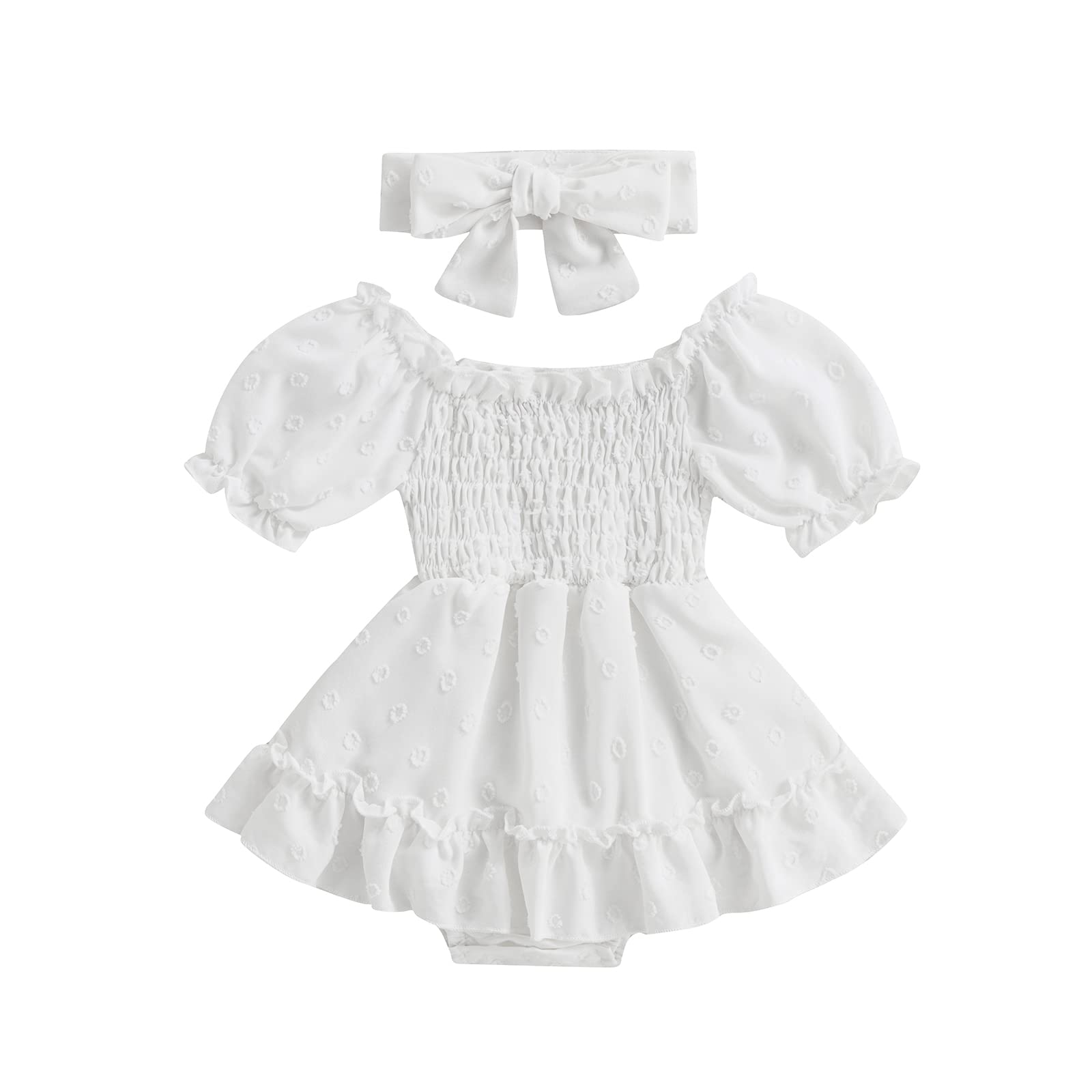 MERSARIPHY Infant Baby Girl Romper Dress Pleated Chiffon Summer Clothes Baby Romper with Headband (White, 0-6 Months)