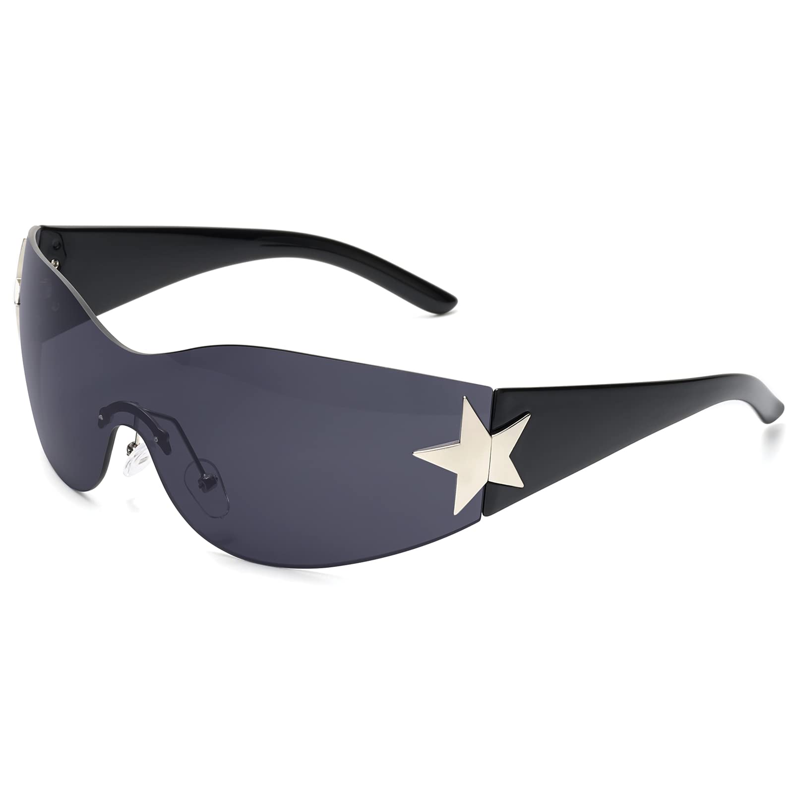 IOHLNG Y2K Sunglasses Rimless Wrap Around Oversized Sun Glasses Trendy Shield for Women Men UV Protection Fashion Black Frame Grey Lens