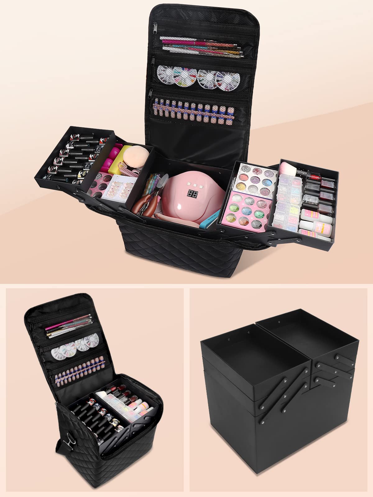 Large Nail Supply Organizers and Storage for Nail Tech, 4 Trays Nail Polish Organizer Travel Bag, Makeup Train Case Professional for Crafter Tools, Cosmetologist, Makeup Tools Organizer Case