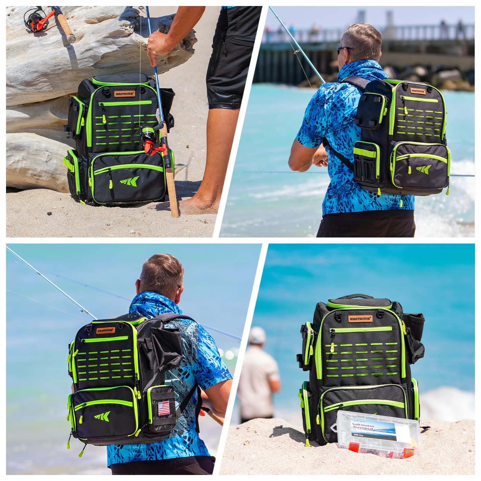 KastKing Bait Boss Fishing Tackle Backpack with Rod Holders-4 Tackle Boxes-Rain Cover,43L Large Storage for Fishing Gear,Green