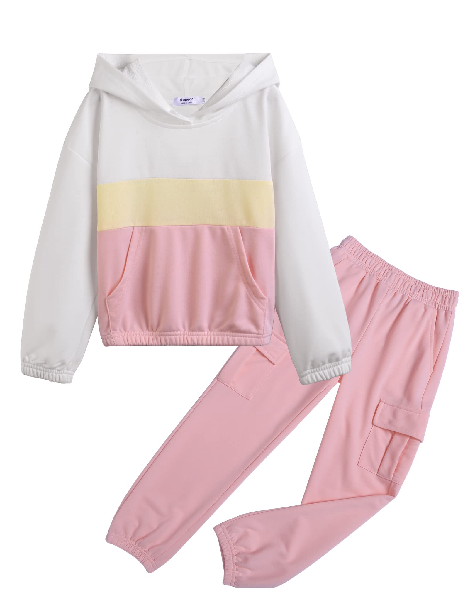 Hopeac Girls Sweatsuit 2 Piece Jogging Set Stripe Patchwork Fall Pullover and Causal Long Pants with Pockets Boys