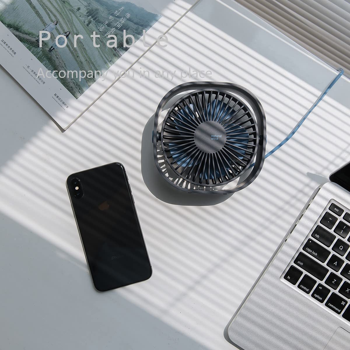 MEIWU NEW UPGRADE 2022, USB Table Fan Mini Personal Desk Fan Adjustable 3 Speed for Office (Nave Blue)