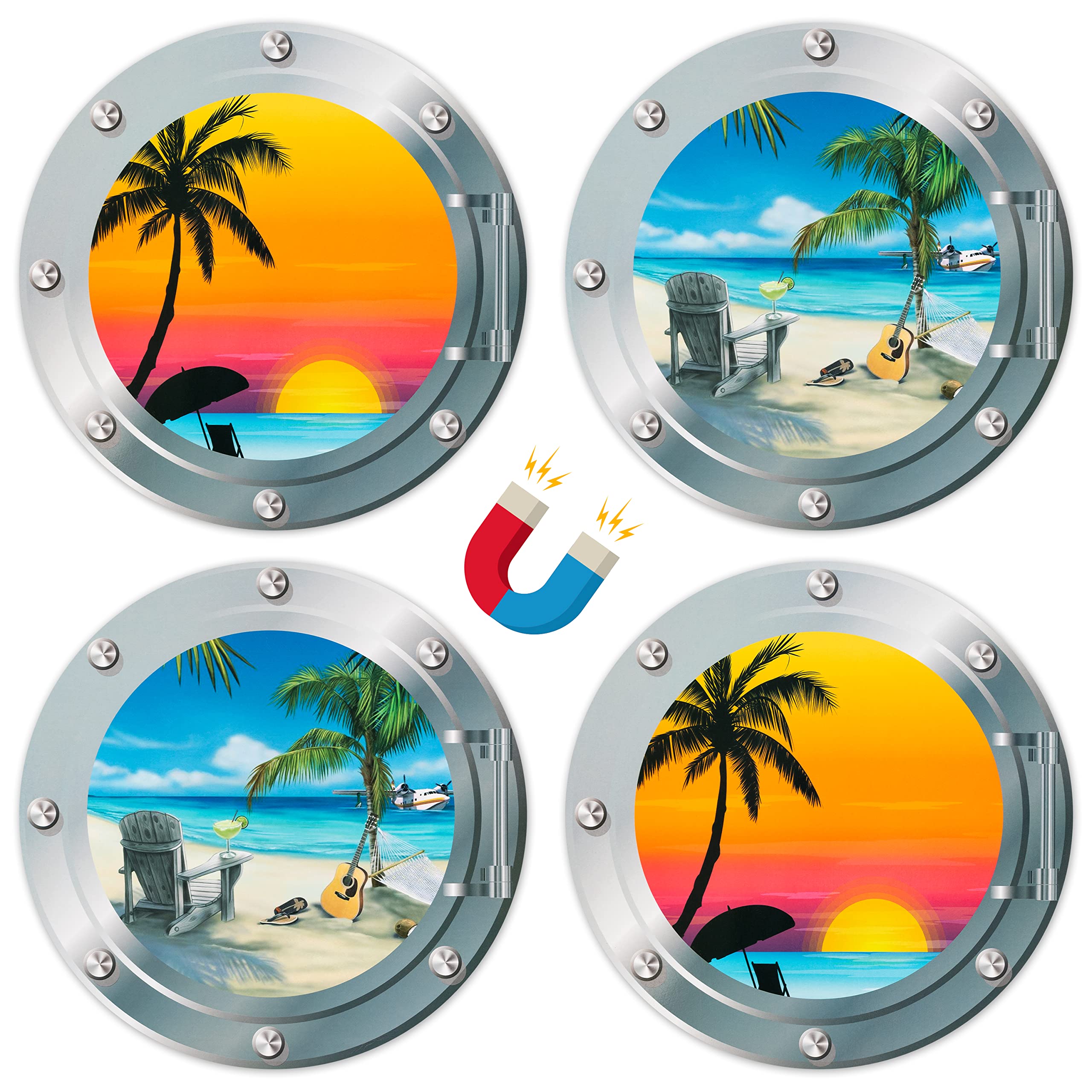 JAPBOR 4pcs Cruise Door Magnets, Summer Refrigerator Car Magnet, Beach Palm Tree Magnetic Decals, Ocean Hawaii Vacation Nature Scenery Fridge Stickers for Home Kitchen Door Cabinet Decor (9.8 Inch)