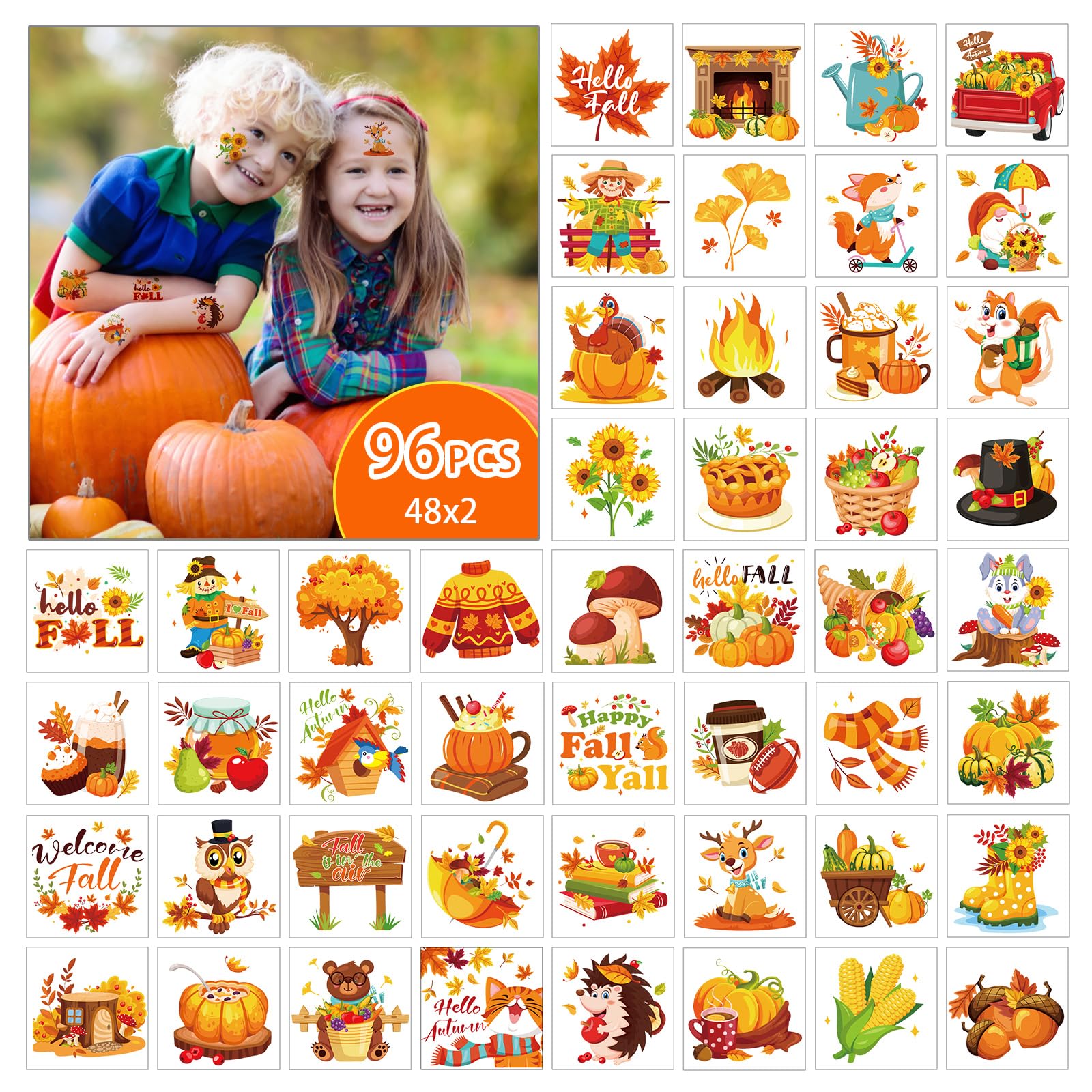 HOWAF 96pcs Fall Temporary Tattoos for Kids, Fall Harvest Face Tattoos for Welcome Fall Hello Autumn Party Decoration Supplies, Autumn Harvest Tattoo Stickers with Pumpkin Scarecrow Design