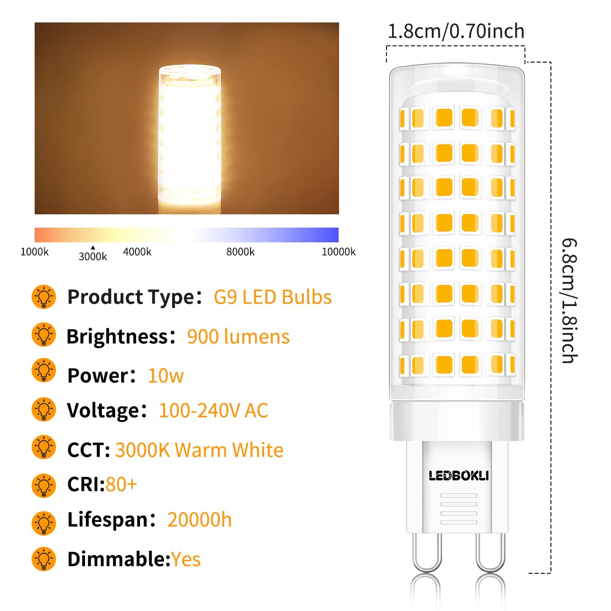 LEDBOKLI 10W Dimmable G9 LED Light Bulb, Equivalent 80 Watt Incandescent Light Bulbs,Warm White 3000K G9 LED Lamp, G9 Base Chandelier Light Bulbs, 900LM, Energy Saving, Non Flicker, 5-Pack